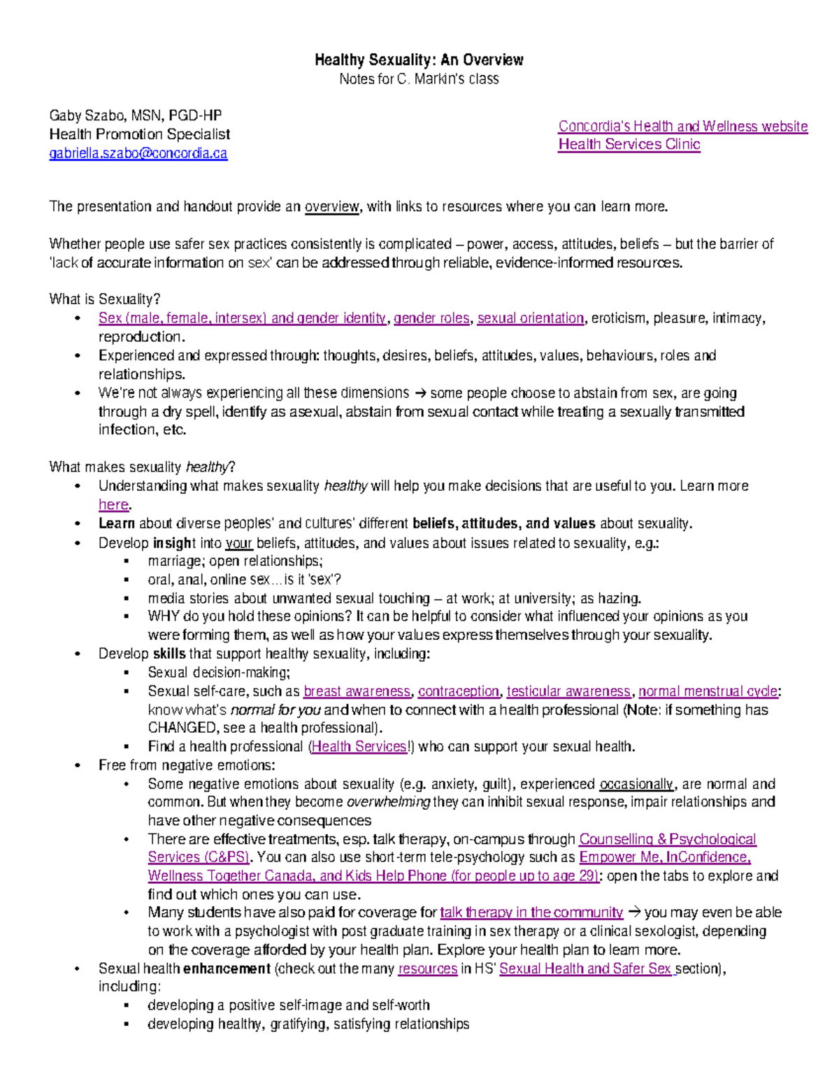 Lecture 17 - Sexual Health Concordia Health Services - Healthy ...