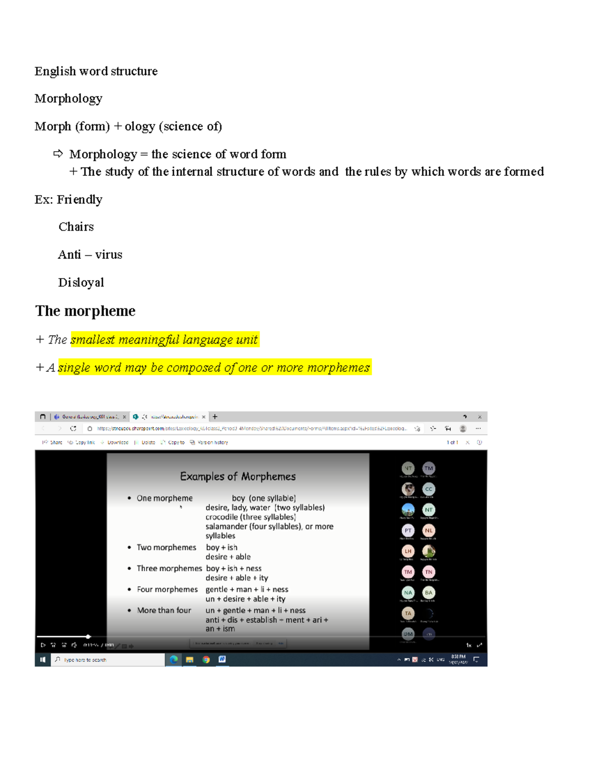 Lexicology - Lecture notes - English word structure Morphology Morph ...