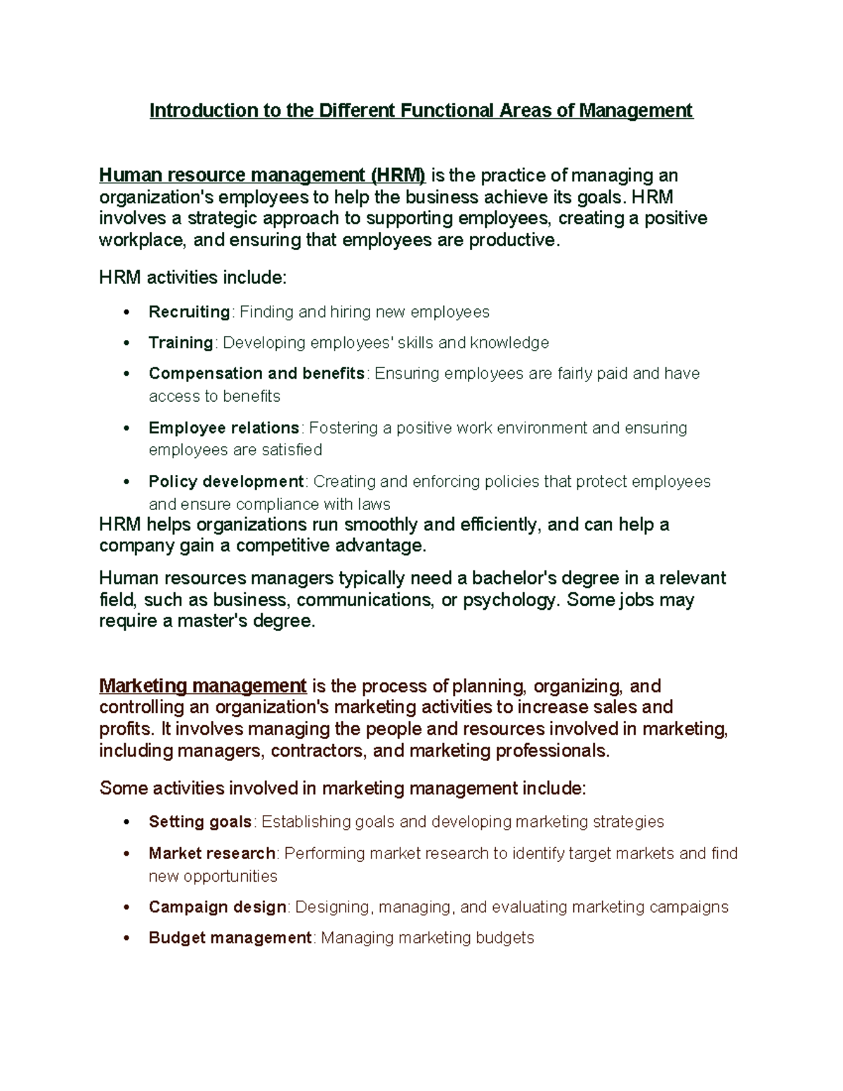 Introduction to the Different Functional Areas of Management - HRM ...