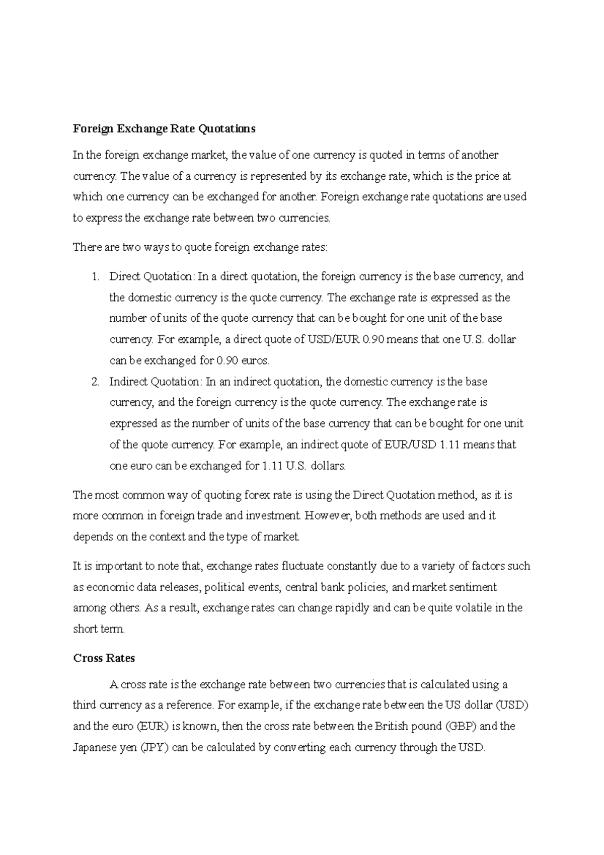 Foreign Exchange Rate Quotations The Value Of A Currency Is