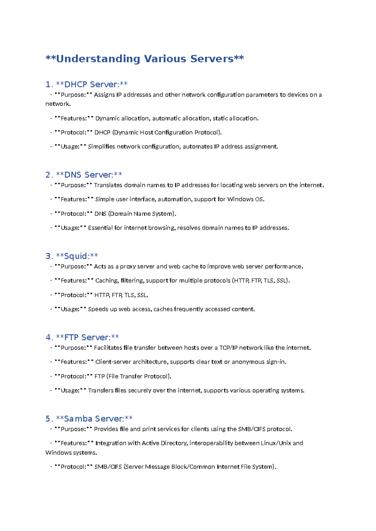 Understanding Various Servers - DHCP Server: - Purpose: Assigns IP ...