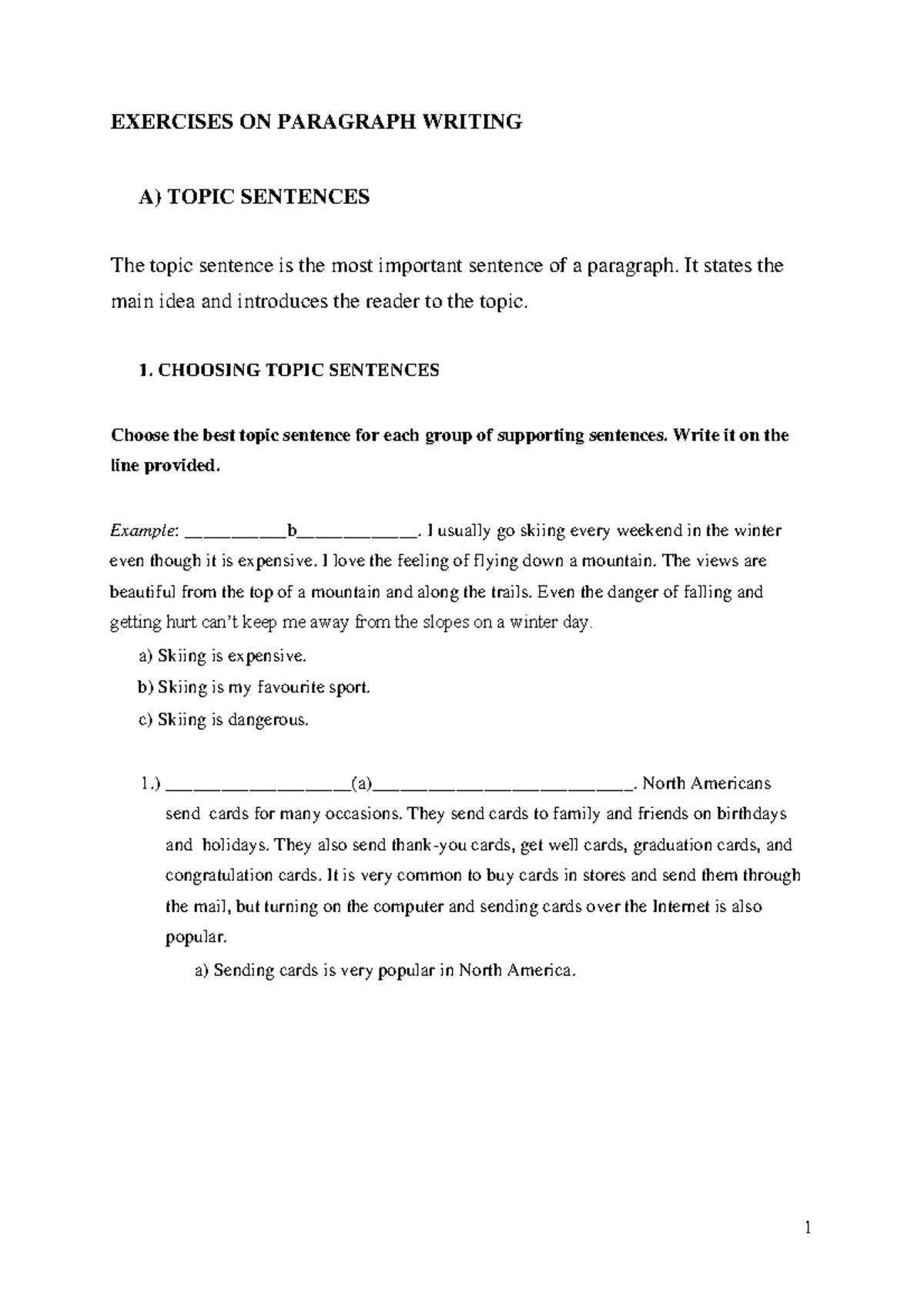 Exercises on paragraph writing - EXERCISES ON PARAGRAPH WRITING A ...