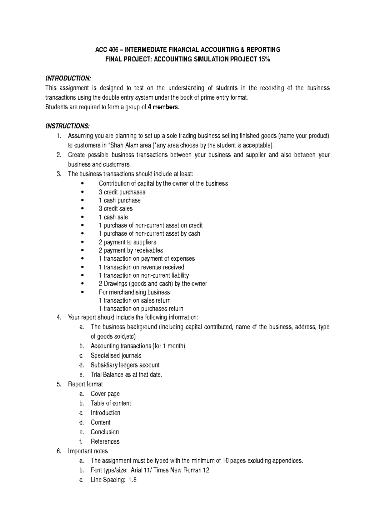 ACC406 Group Final Project Simulation. 15% - ACC 406 – INTERMEDIATE ...