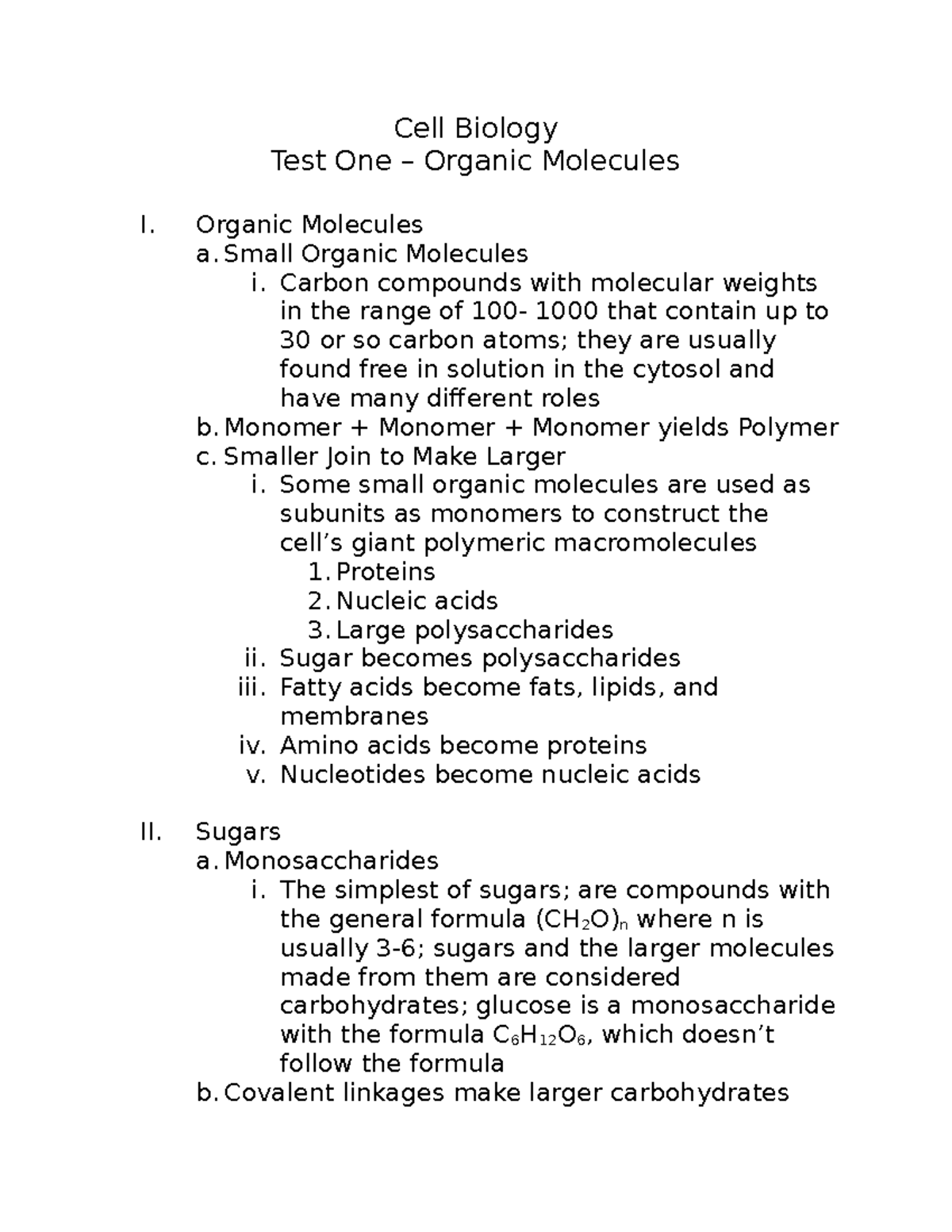 Organic Molecules Notes - Cell Biology Test One – Organic Molecules I ...