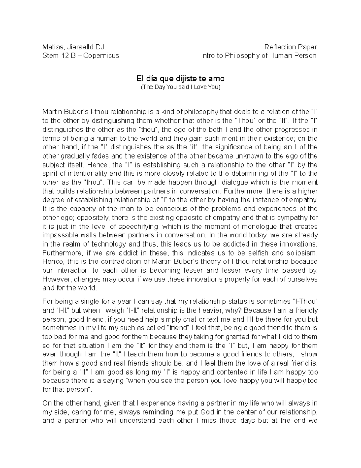 Reflection paper in Philosophy I-Thou Relationship - Bachelor of ...