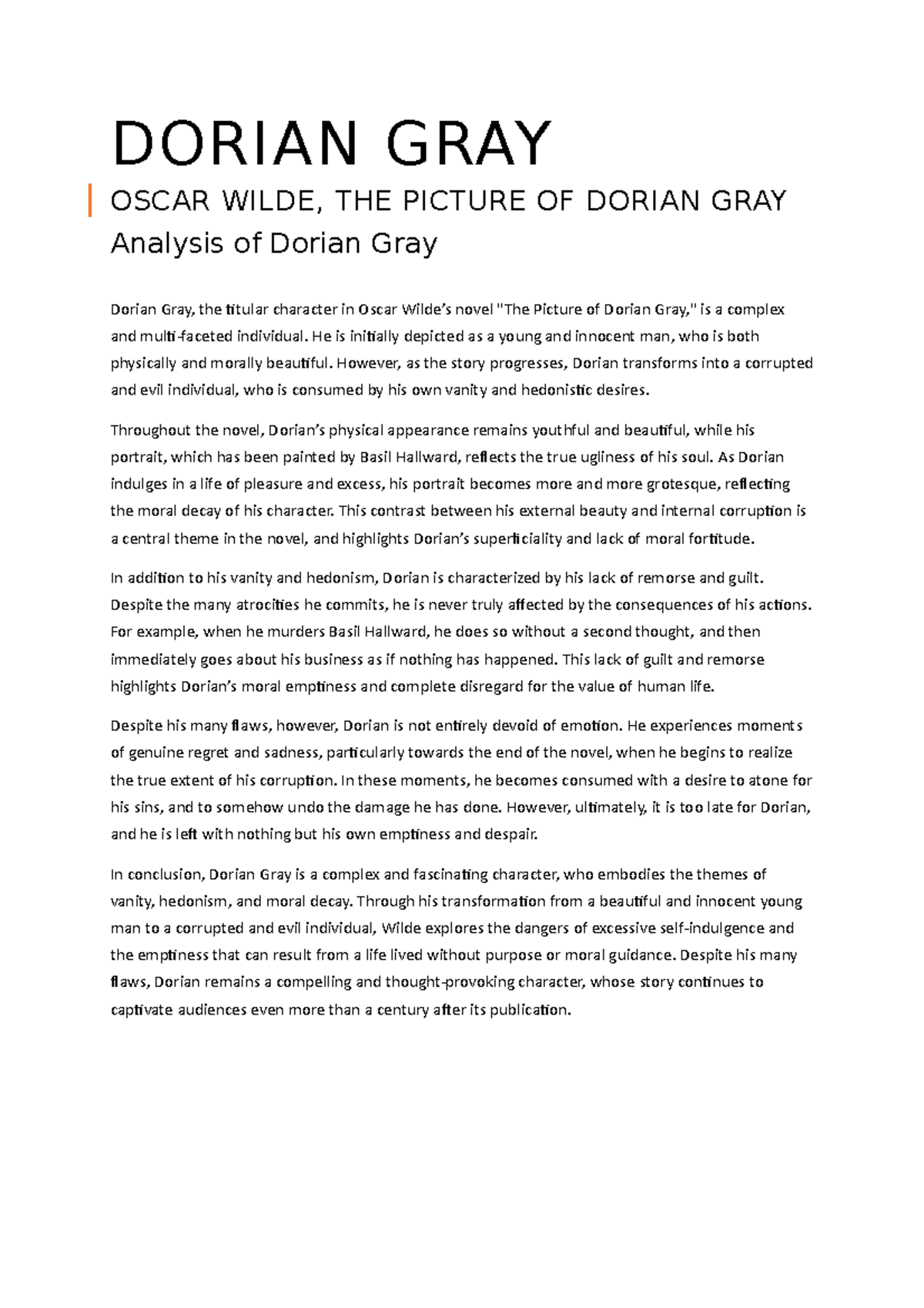 Dorian gray character analysis - DORIAN GRAY OSCAR WILDE, THE PICTURE ...