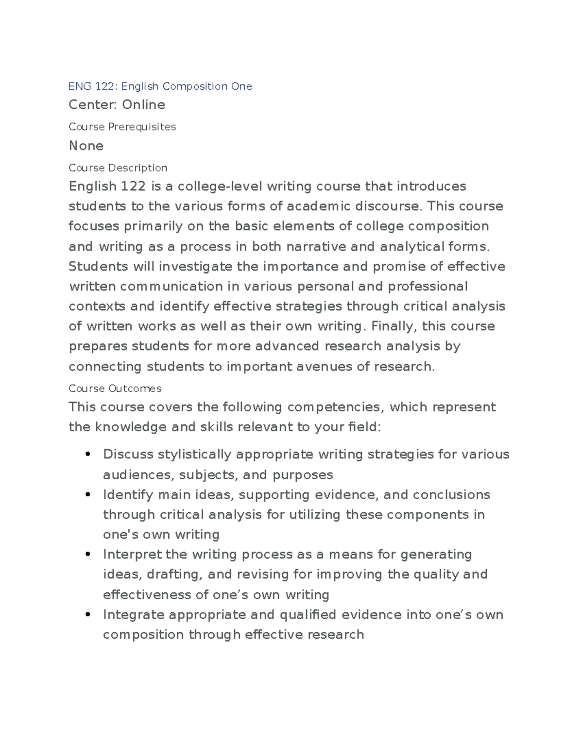 ENG 122 Syllabus - ENG 122: English Composition One Center: Online ...
