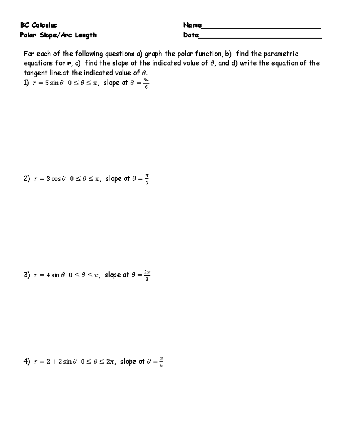 BC Polar Slope and Arc Length - BC Calculus Name ...