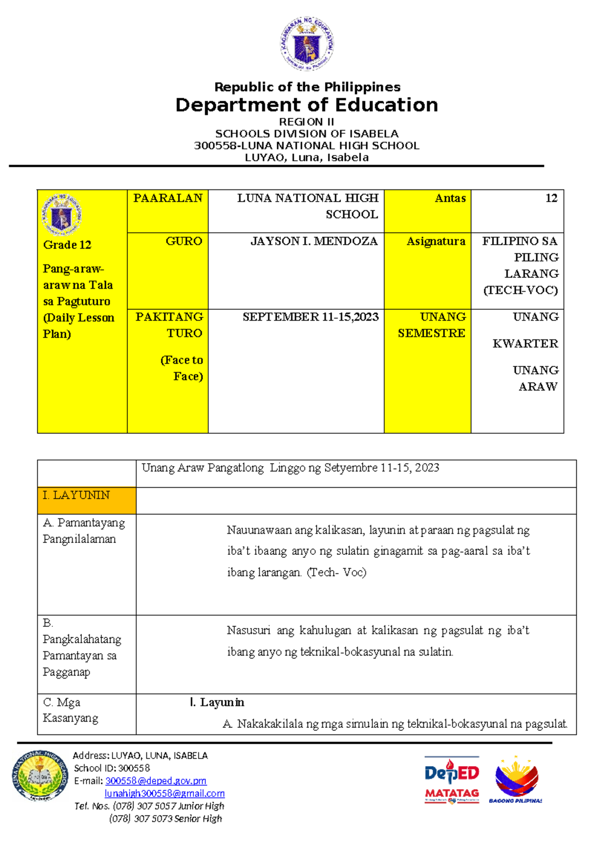 DLP SA Piling Larang Unang ARAW Pangatlong Linggo Copy - Department of Education REGION II ...