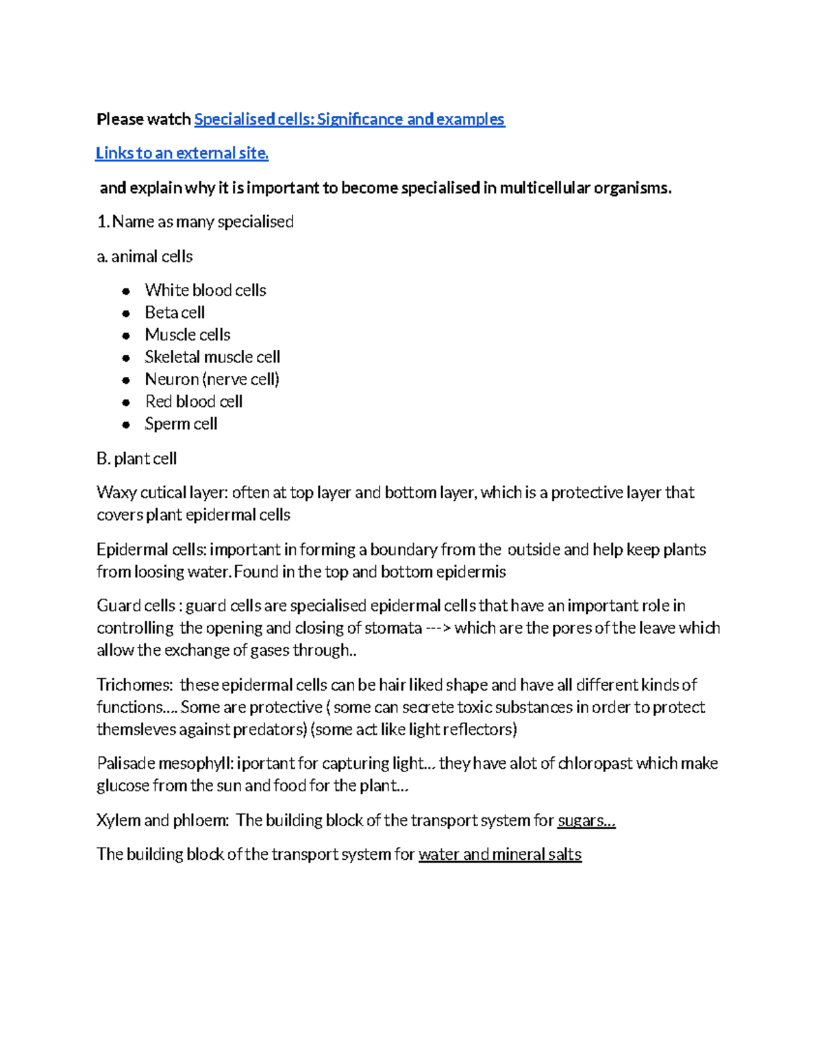 Specialised cells Significance and examples - and explain why it is ...
