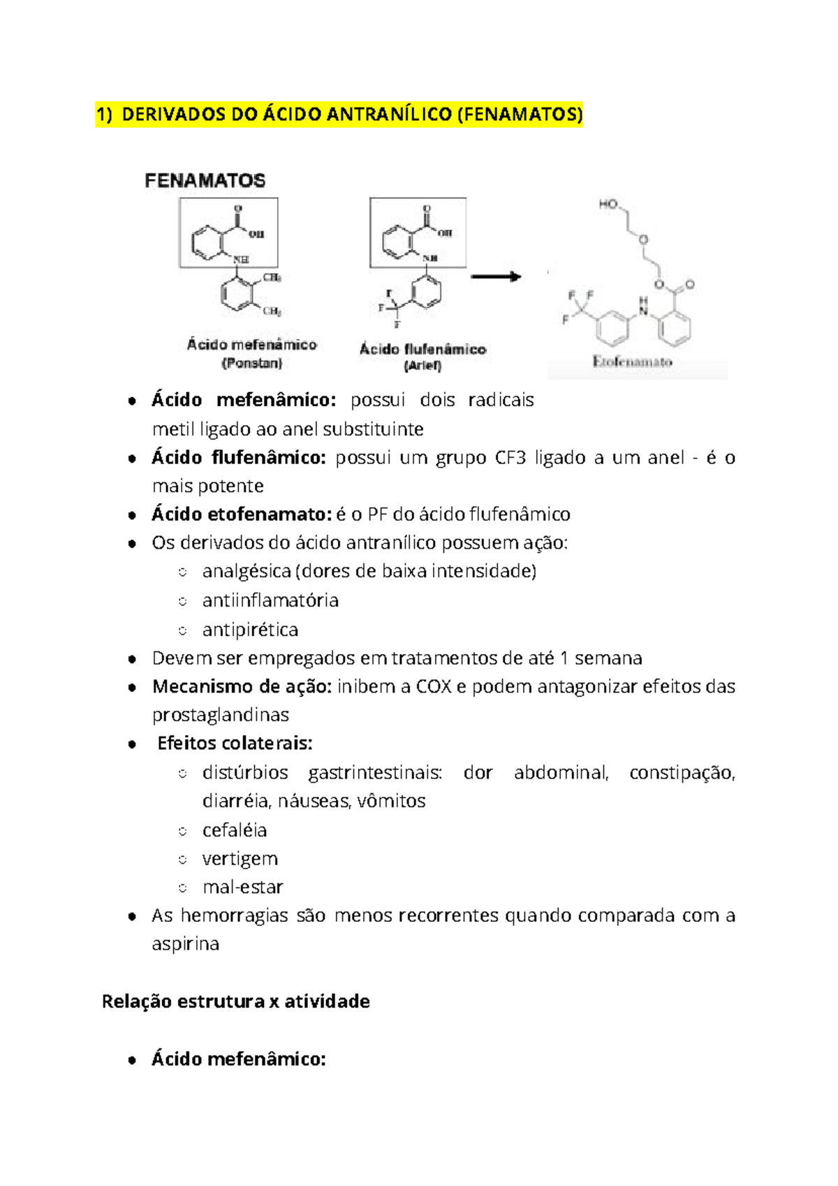 AINEs parte 2 - 1) DERIVADOS DO ÁCIDO ANTRANÍLICO (FENAMATOS) Ácido ...
