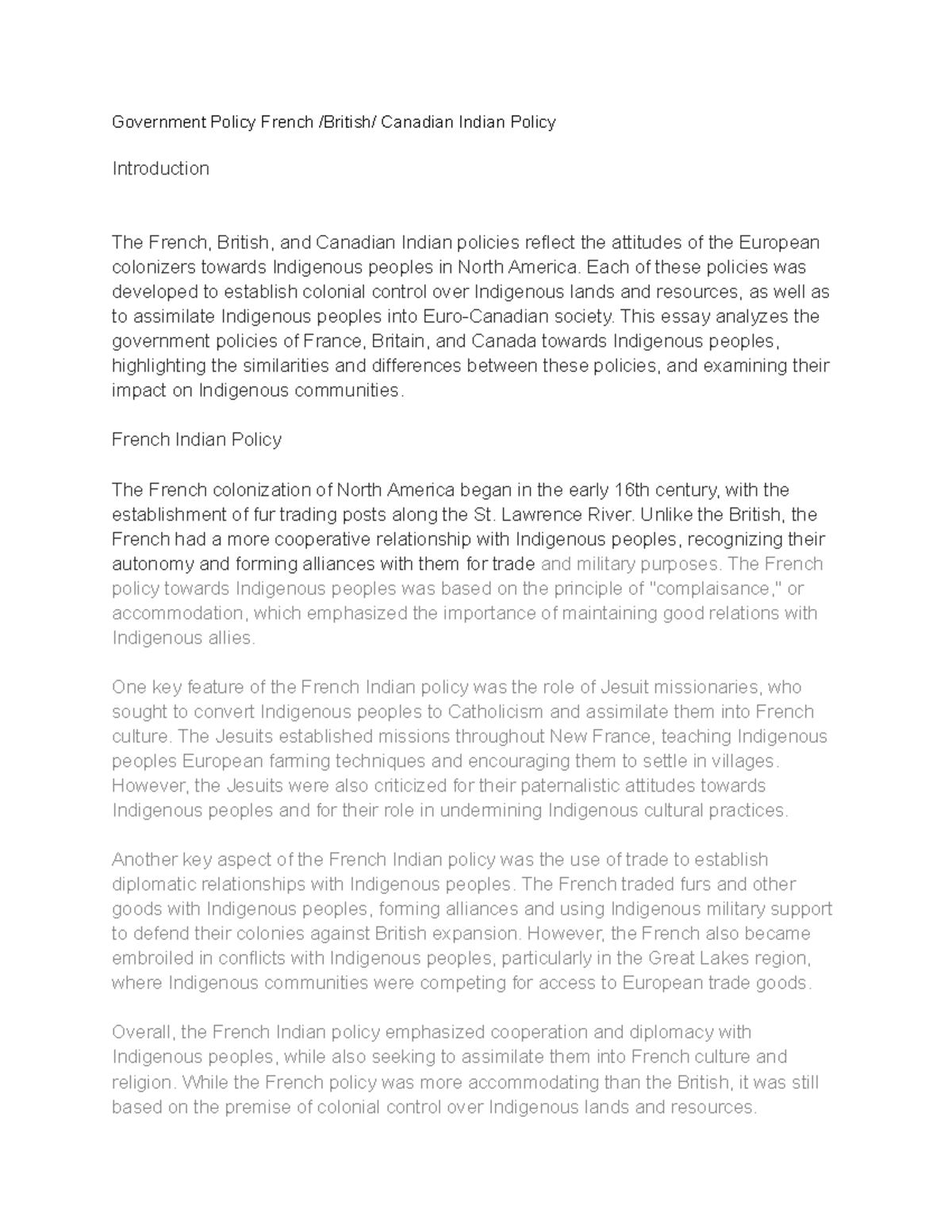 Government Policy French British Canadian Indian Policy - Government ...
