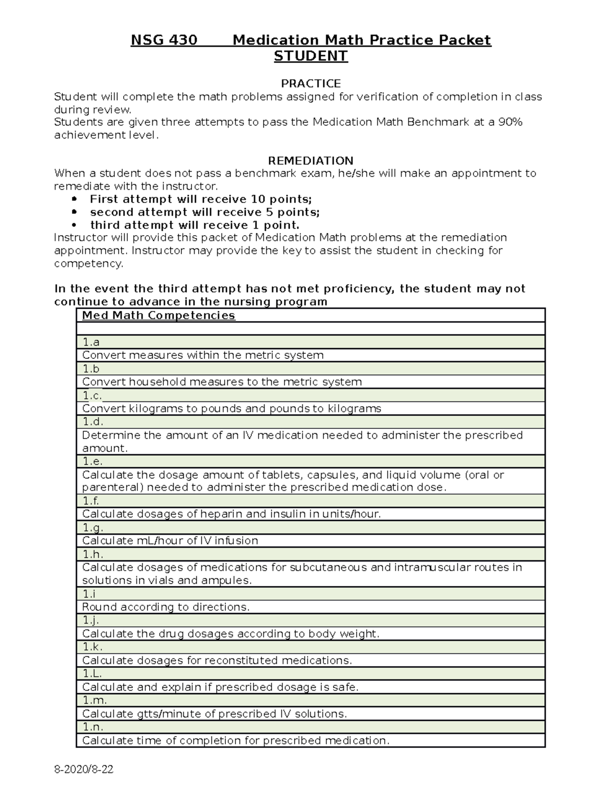 NSG 430 med math practice packet - NSG 430 Medication Math Practice ...