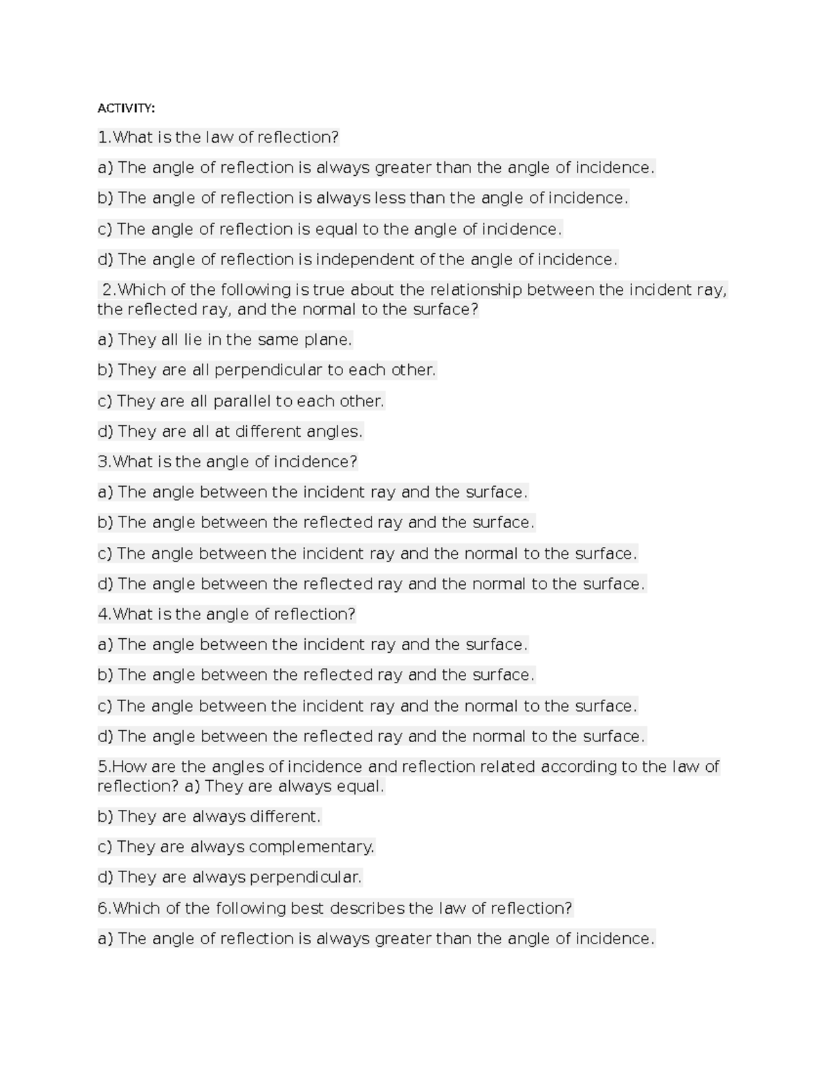 LAW OF Reflection Activities - ACTIVITY: 1 is the law of reflection? a ...