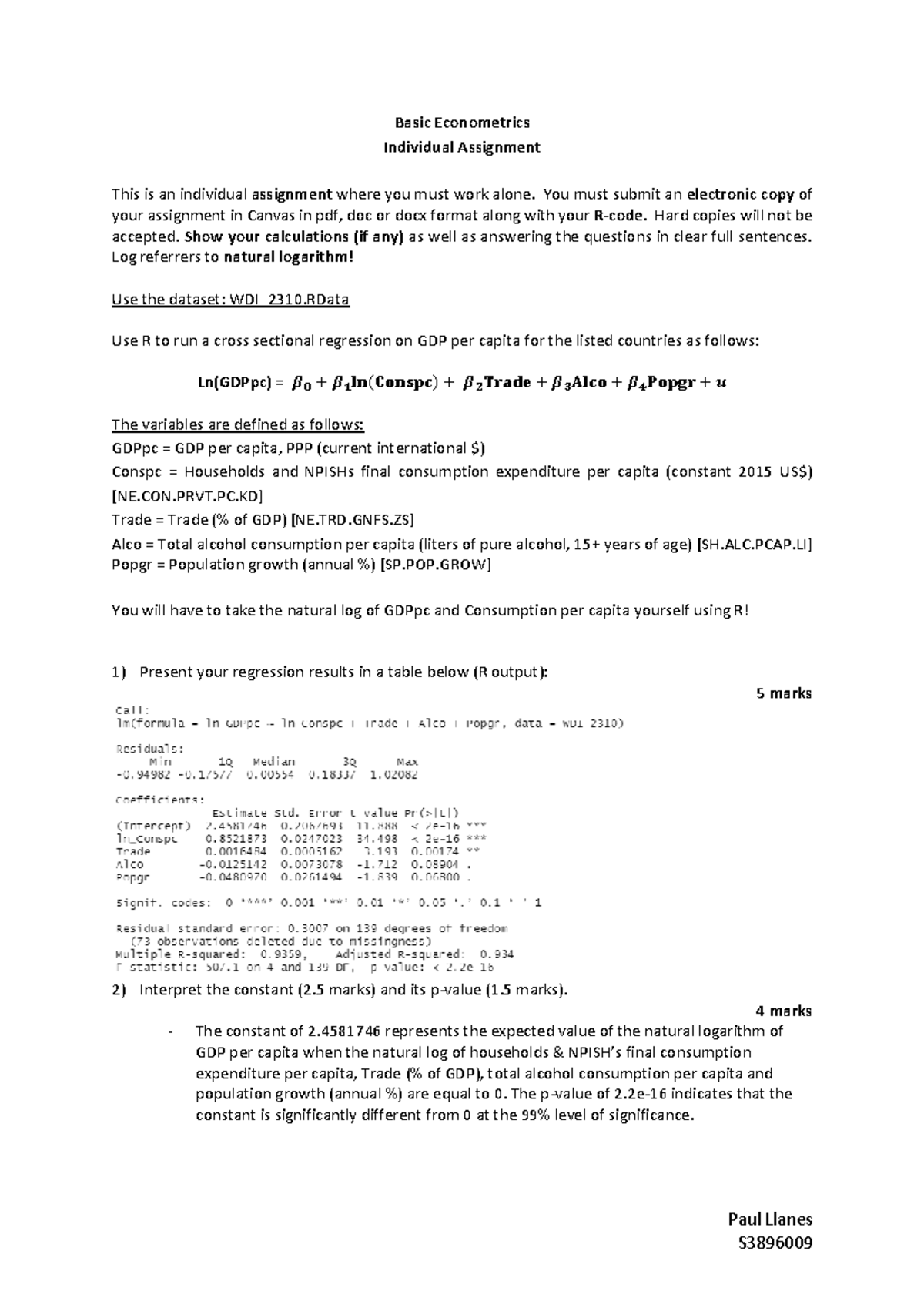 Assessment 1 Individual Assignment - Paul Llanes Basic Econometrics Individual Assignment This ...