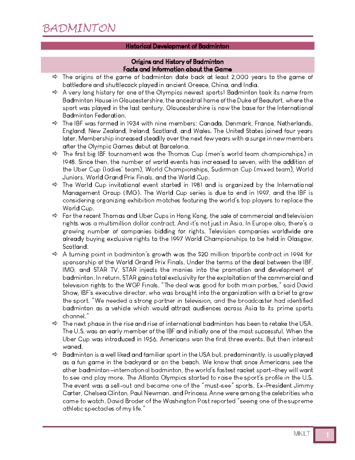 Physical Education4 (Badminton) - Historical Development of Badminton ...