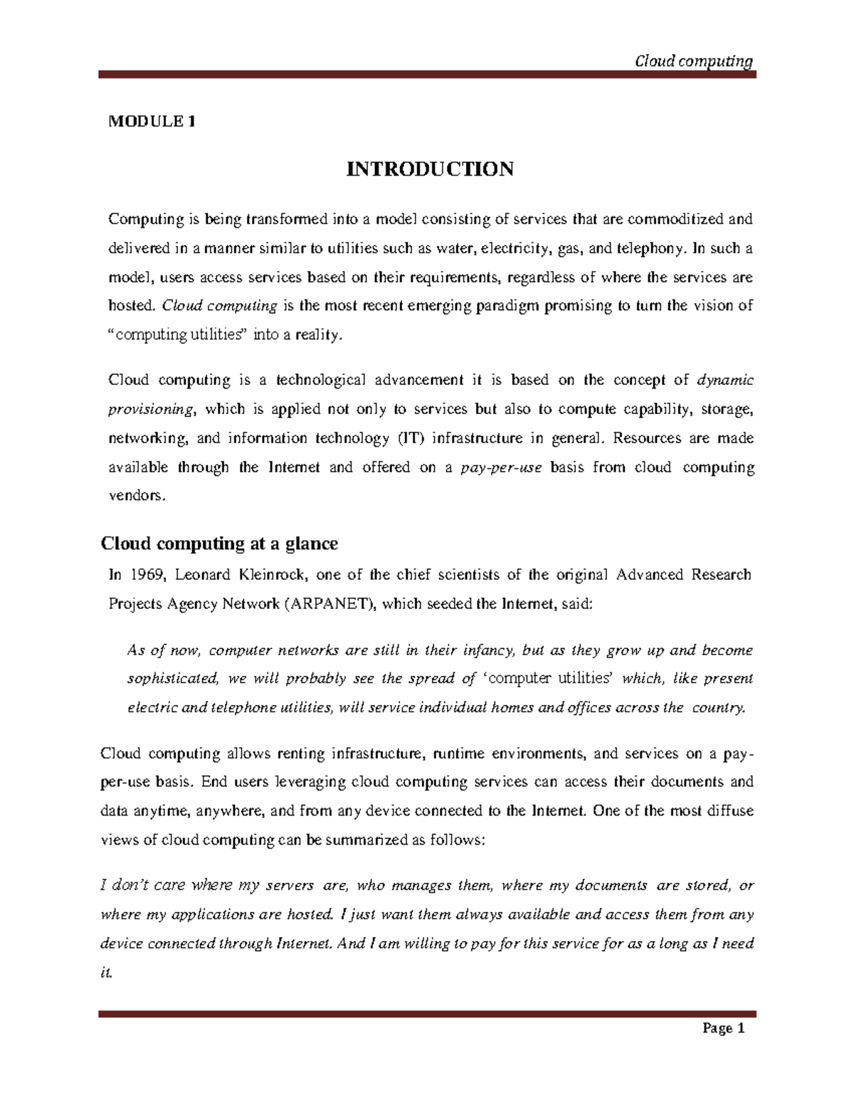 CC- Module 1 - NIL - MODULE 1 INTRODUCTION Computing is being ...