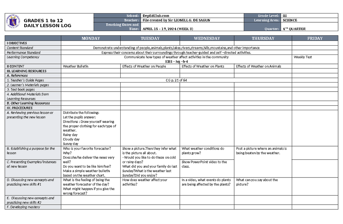 DLL Science 3 Q4 W33 - lecture notes - GRADES 1 to 12 DAILY LESSON LOG ...