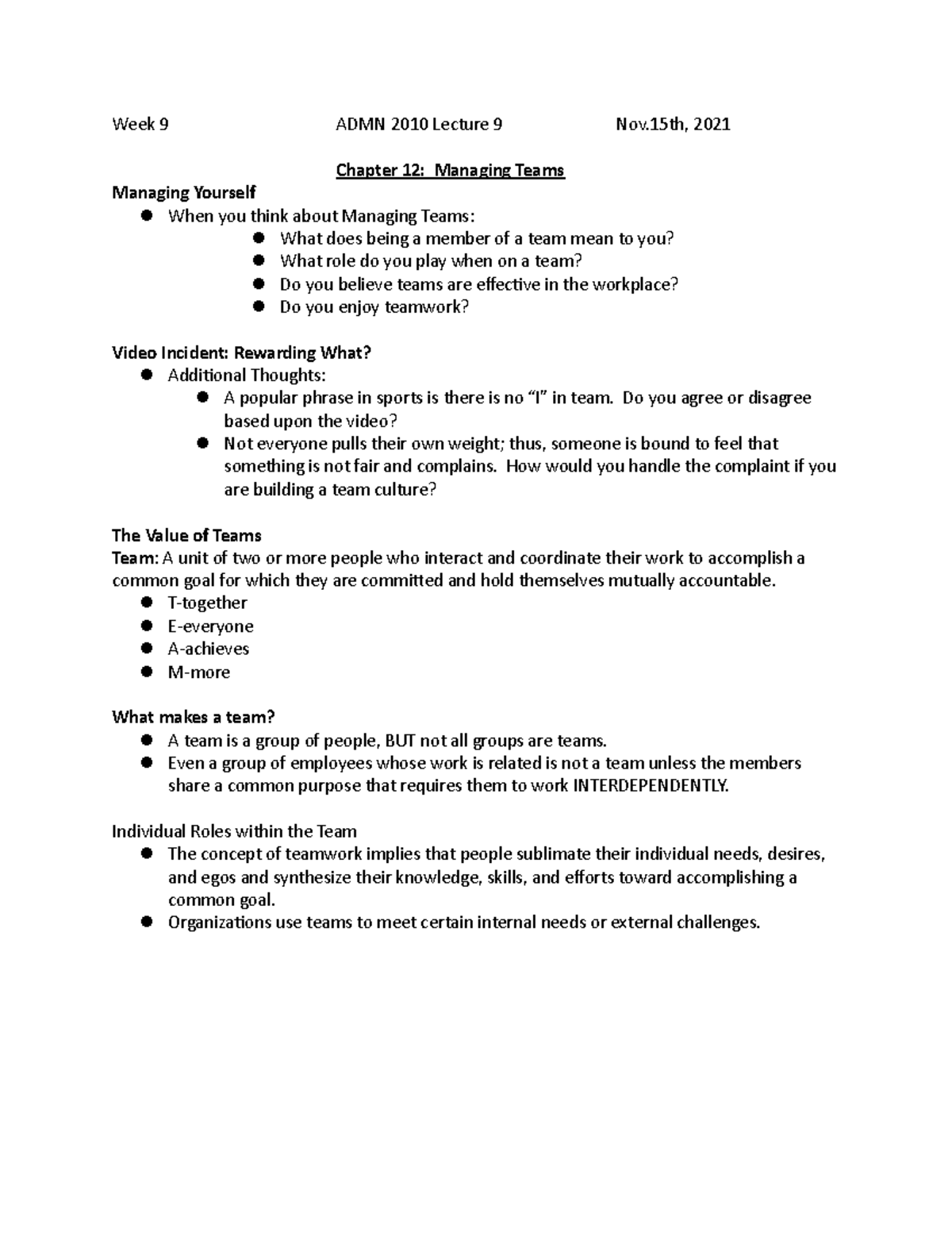 Week 9 ADMN 2010 Lecture - Week 9 ADMN 2010 Lecture 9 Nov, 2021 Chapter ...