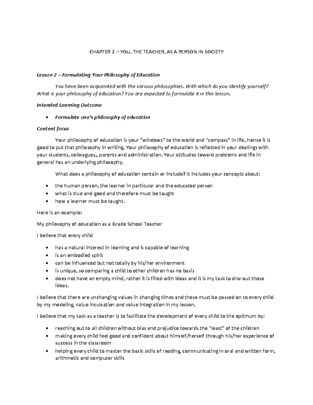 Chapter 2 - Lesson 2 YOU, THE TEACHER, AS A PERSON IN SOCIETY - CHAPTER ...