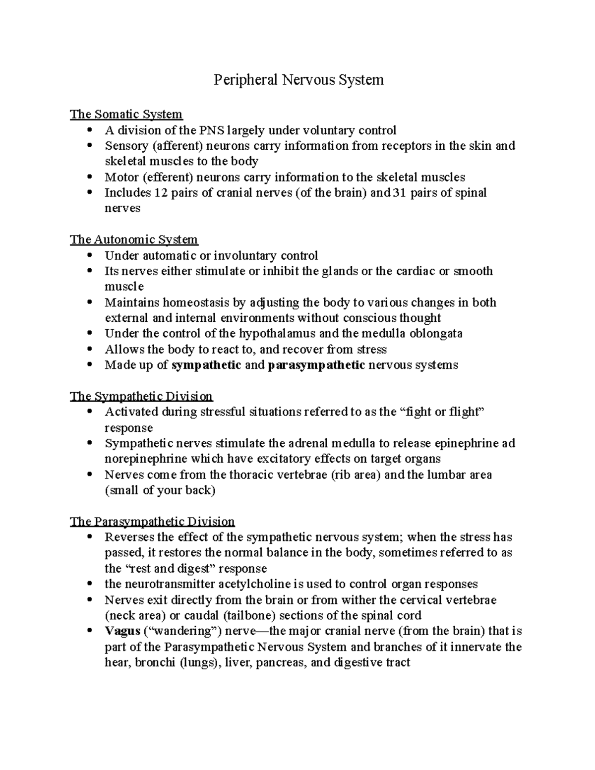 Peripheral Nervous System Notes - Peripheral Nervous System The Somatic ...