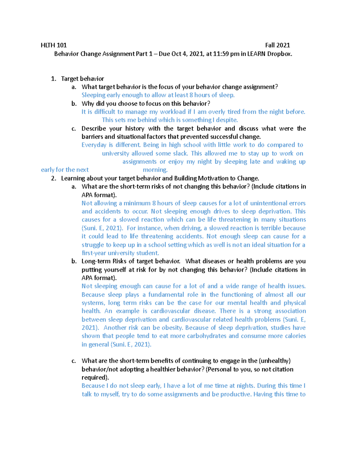 behaviour change assignment - HLTH 101 Fall 2021 Behavior Change Assignment Part 1 – Due Oct 4 ...