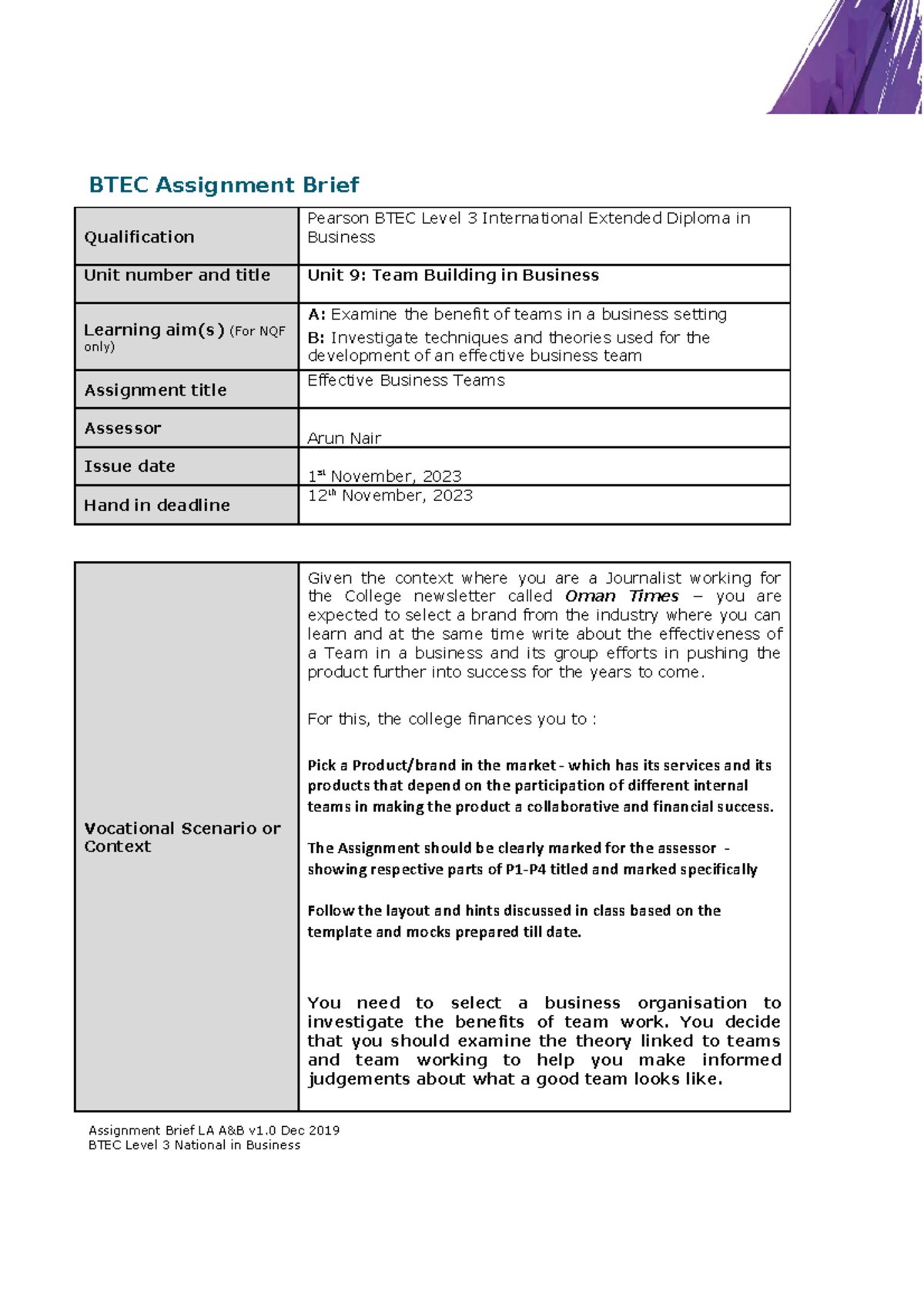 Assignment Brief - Unit 9 Team-Building-in-Business-LEarning aims A and B - BTEC Assignment ...