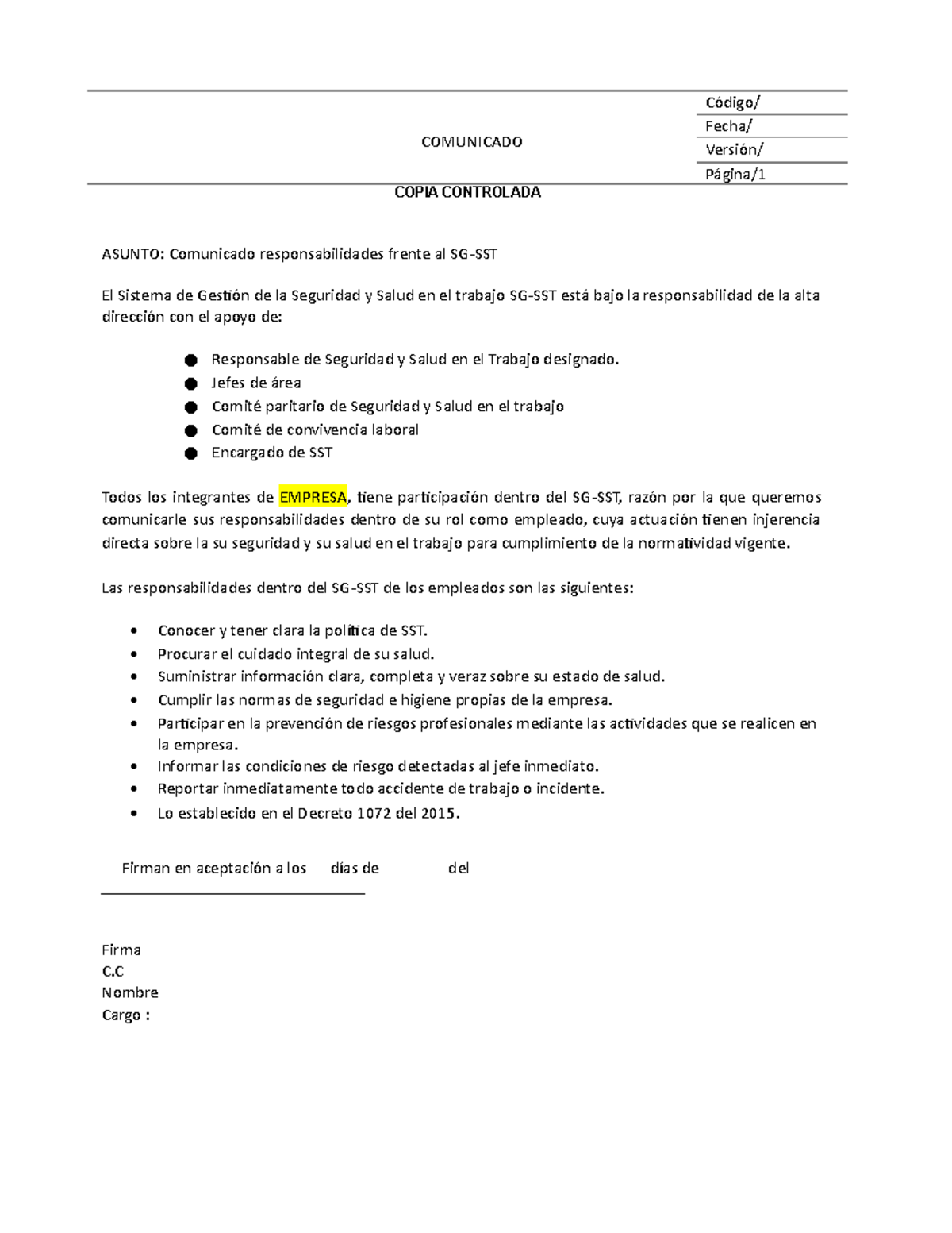 F-GH-21 Comunicado Seguridad - COMUNICADO Código/ Fecha/ Versión ...