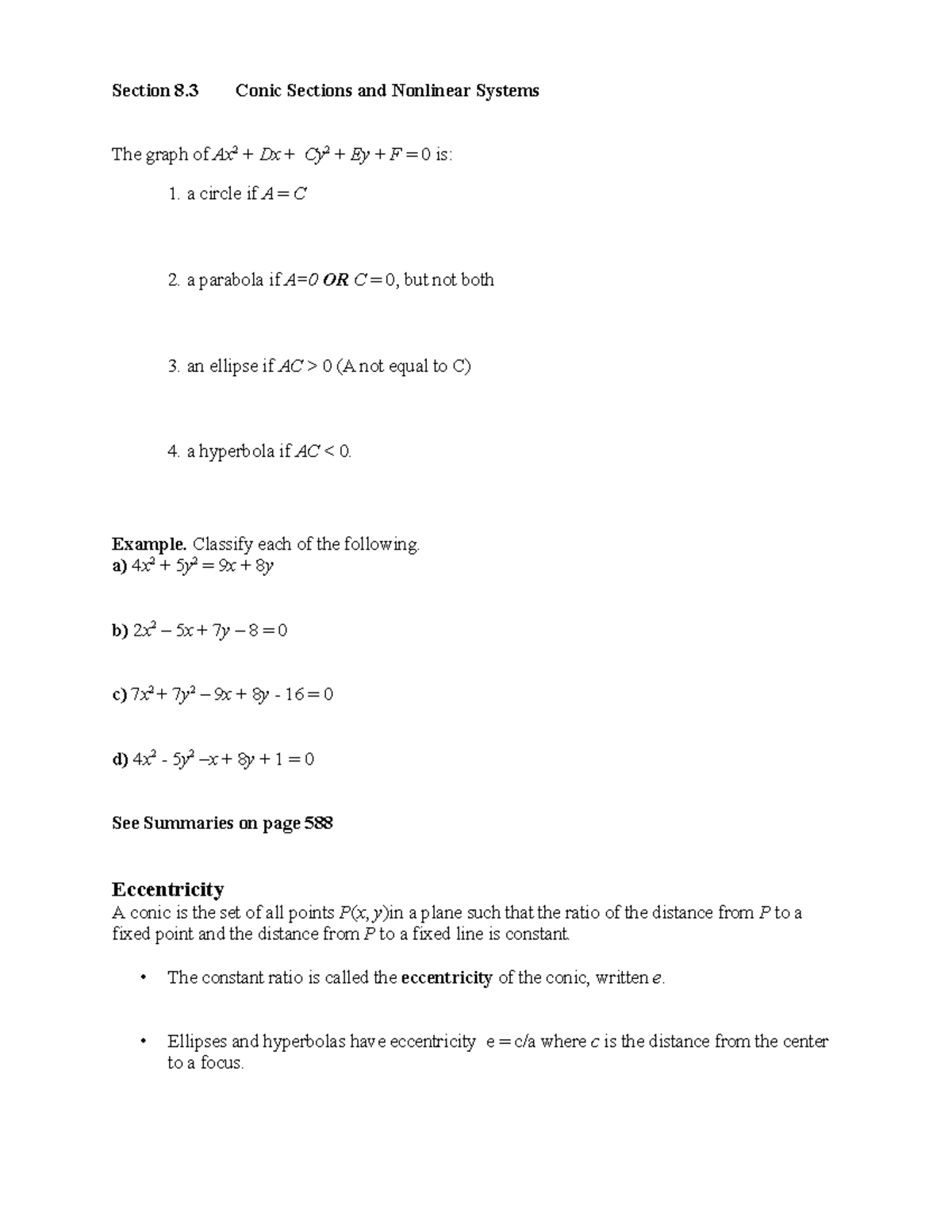 7.3 Conics and Systems - Math. - Section 8 Conic Sections and Nonlinear ...