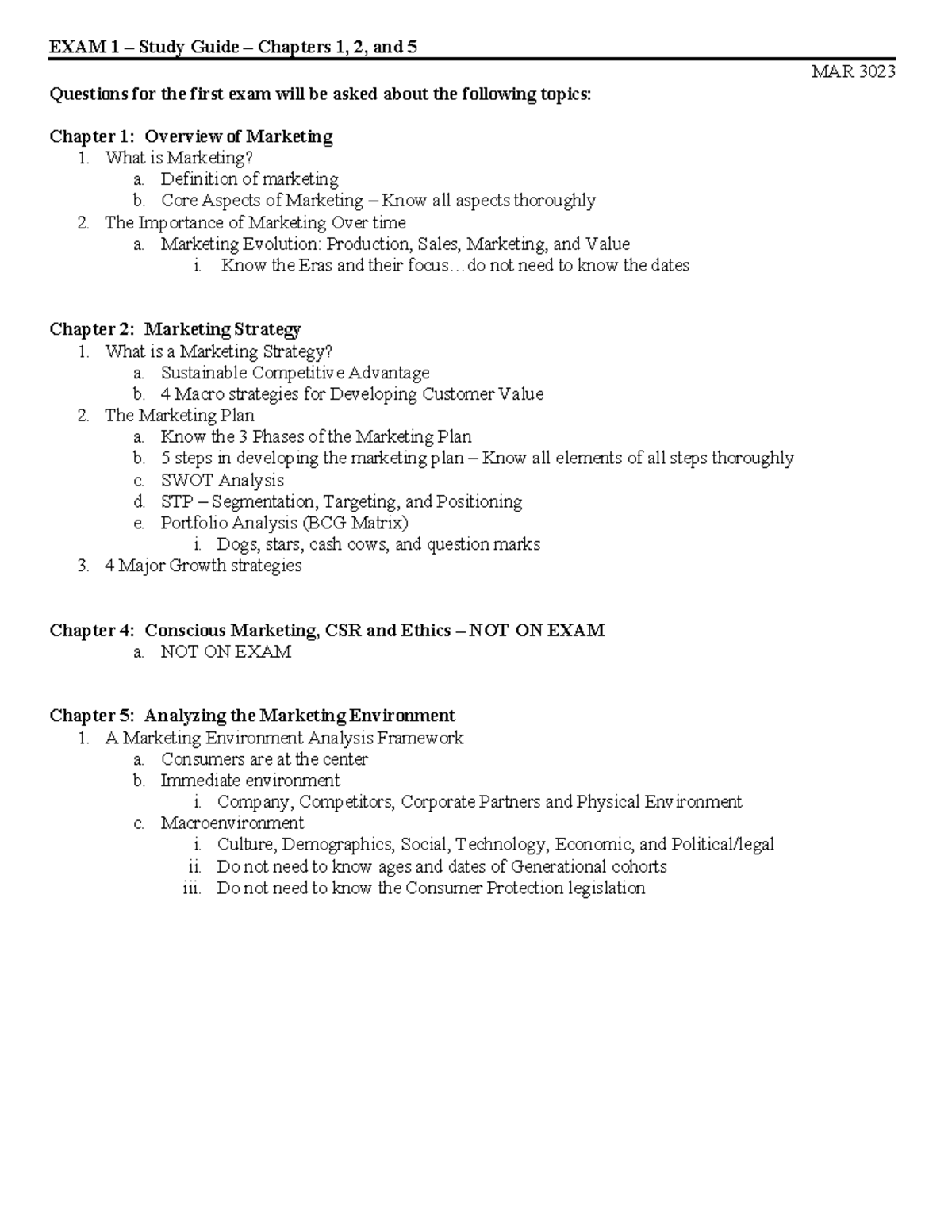 EXAM 1 Study Guide - EXAM 1 – Study Guide – Chapters 1, 2, and 5 MAR ...