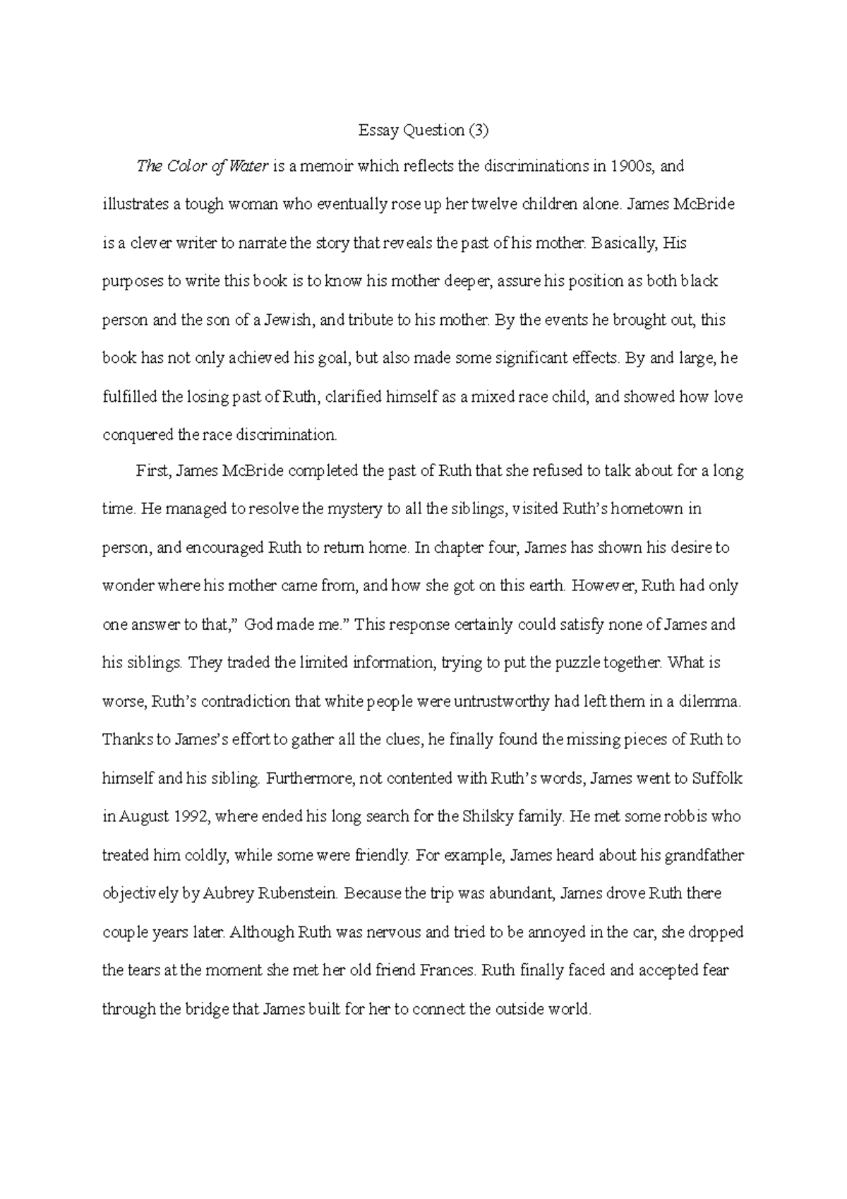Color of Water final-2 - note - Essay Question (3) The Color of Water ...