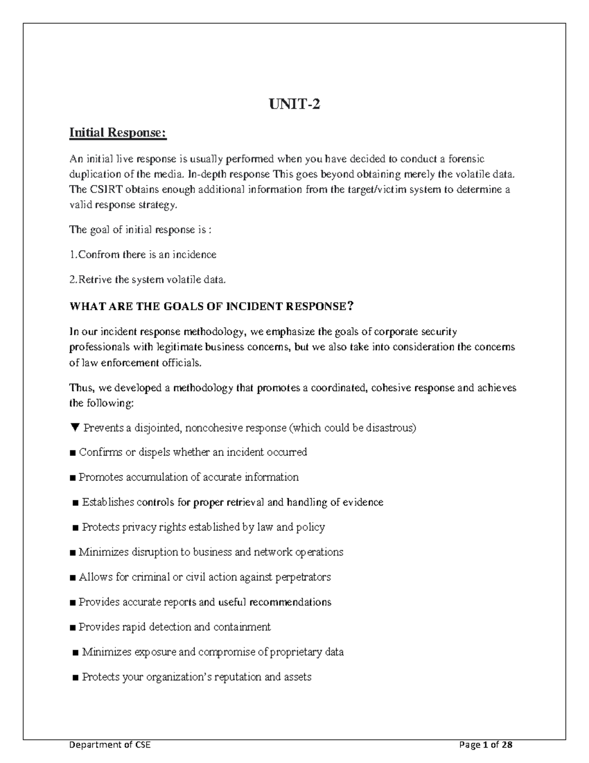CS815PE CF UNIT-2 - LECTURE NOTES - UNIT- Initial Response: An initial ...
