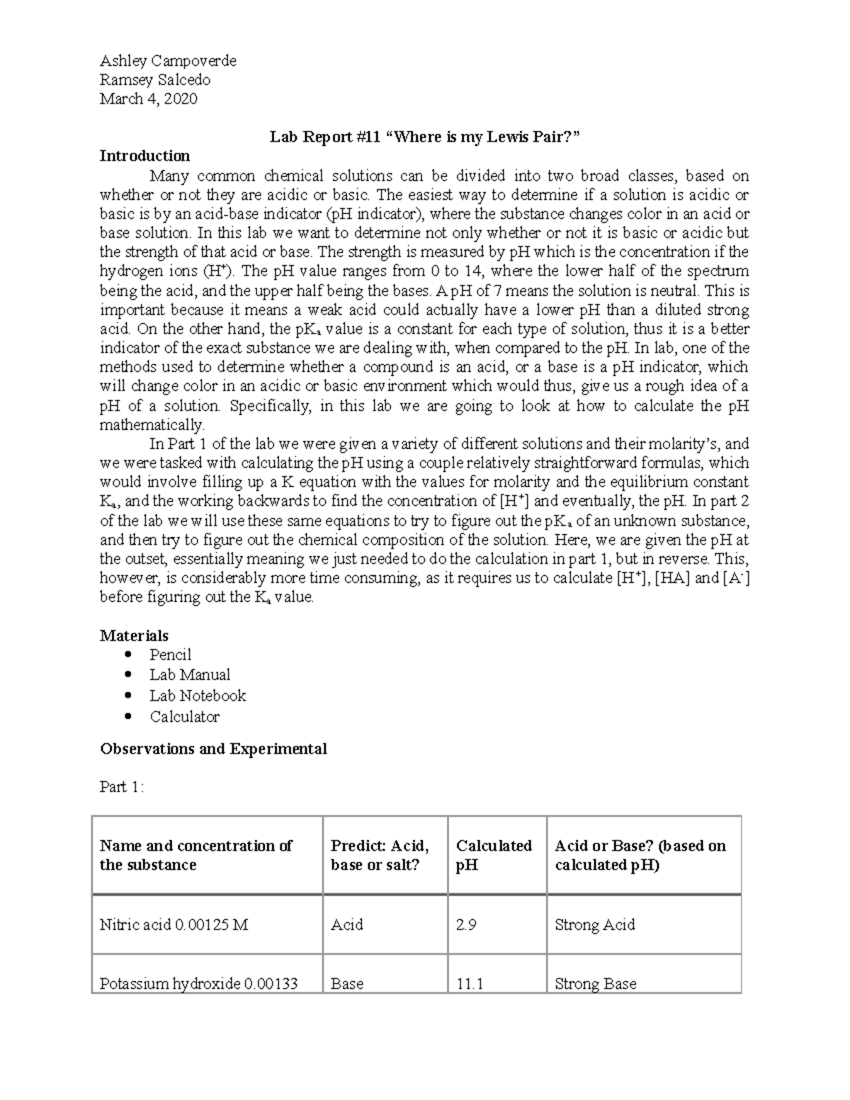 Lab11 - Lab - Ramsey Salcedo March 4, 2020 Lab Report #11 “Where is my Lewis Pair?” Introduction ...