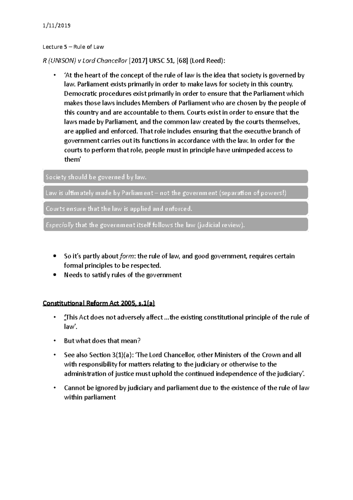 Lecture 5 public law - Lecture 5 – Rule of Law R (UNISON) v Lord ...