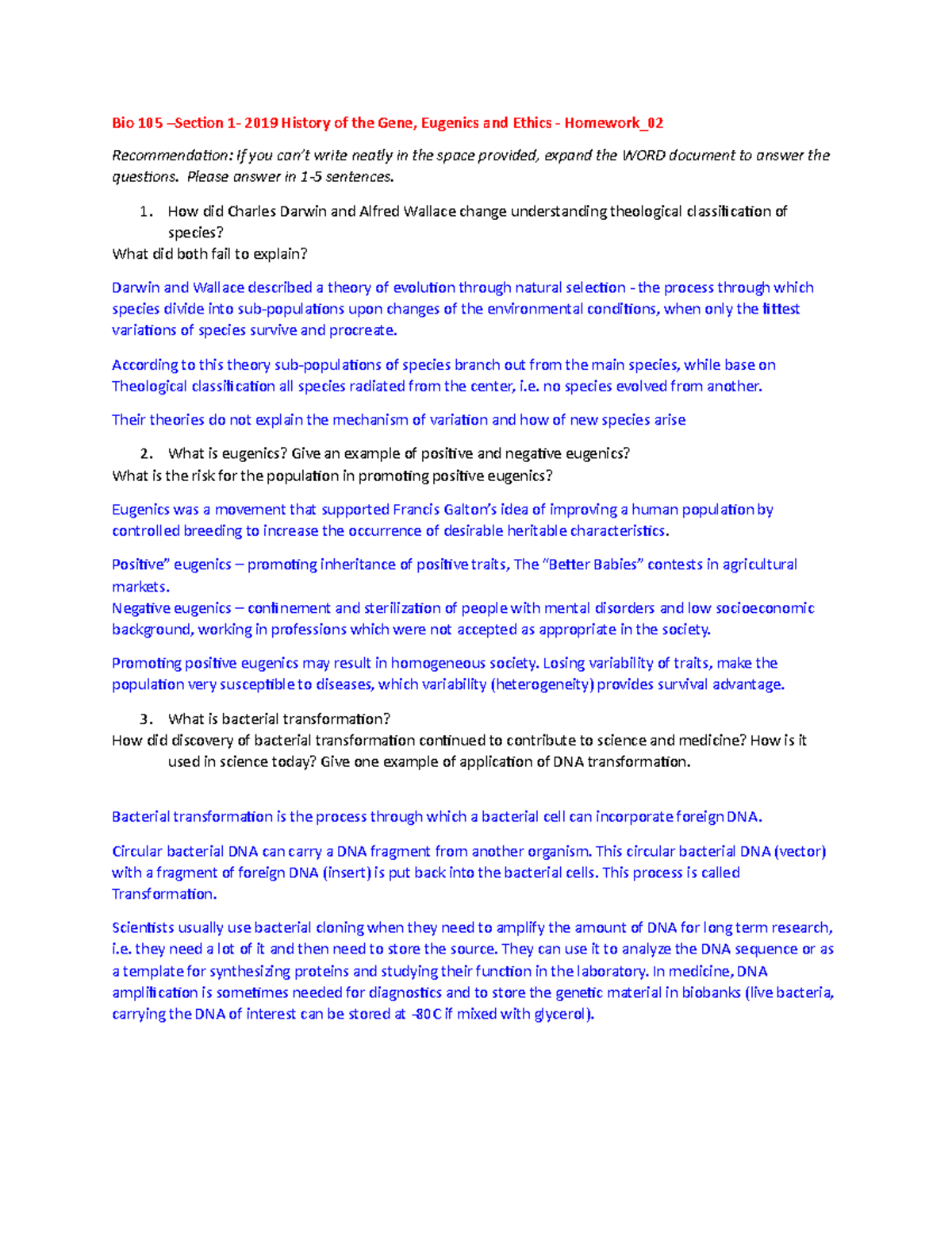 HW2 S2019 Solution - homework - Bio 105 –Section 1- 2019 History of the ...