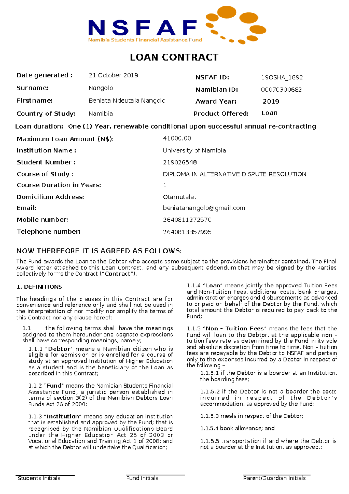 Contract 100040 - summary - LOAN CONTRACT Firstname: Surname: NSFAF ID ...