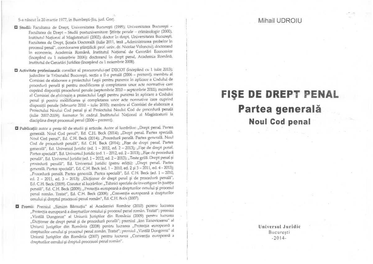 Mihail Udroiu - Fise de drept penal. Parte generala. Noul Cod penal ...