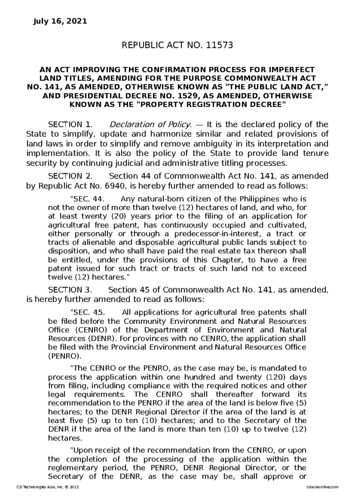 RA 11573 - July 16, 2021 REPUBLIC ACT NO. 11573 AN ACT IMPROVING THE ...