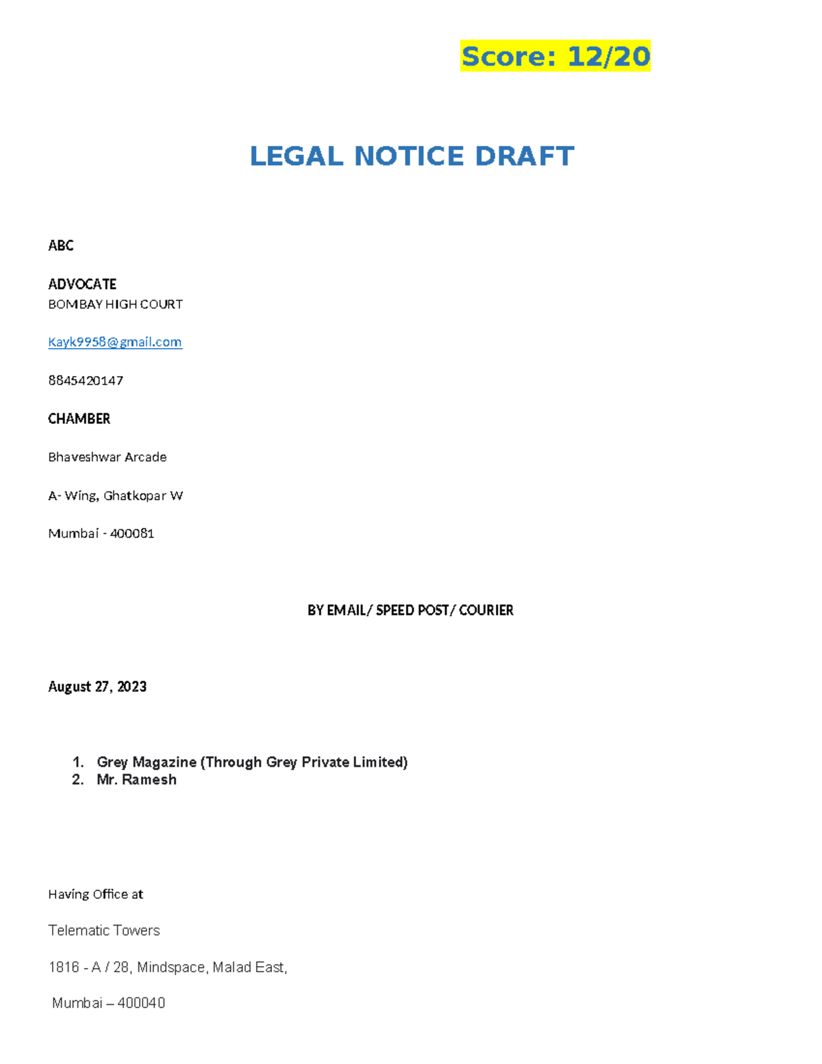 Legal notice to opposite party - Score: 12/ LEGAL NOTICE DRAFT ABC ...