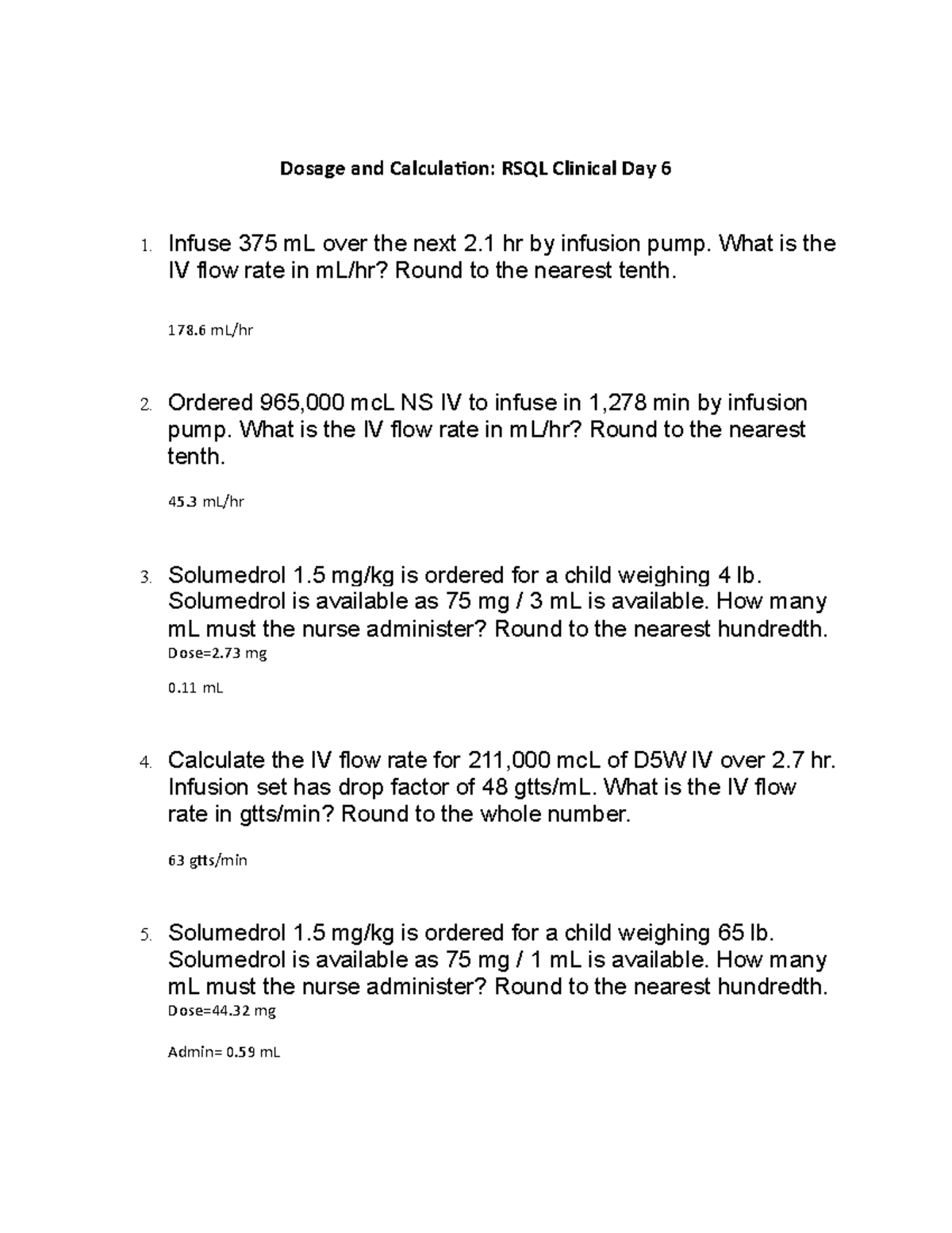 Dosage calculations RSQL Clinical day 6 - Dosage and Calculaion: RSQL ...