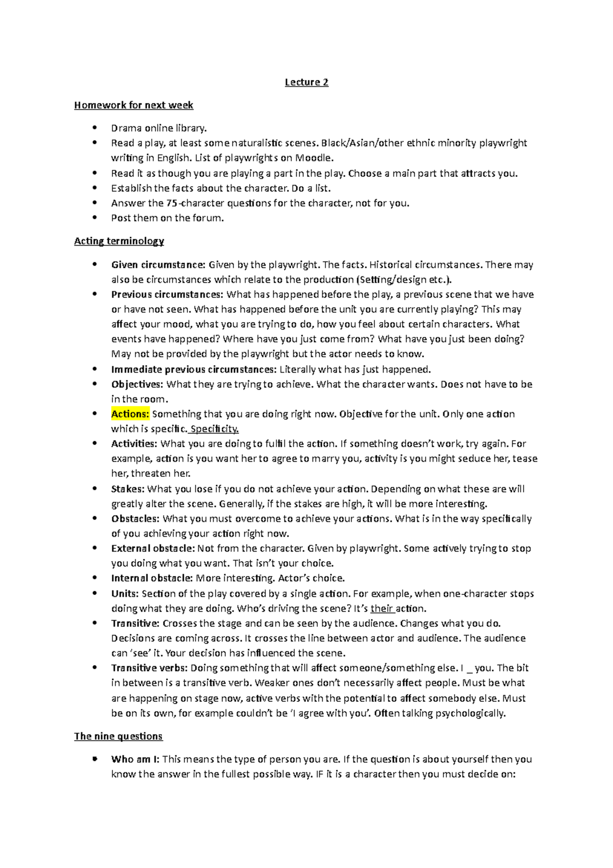 Lecture 2 - Lecture 2 Homework for next week Drama online library. Read ...