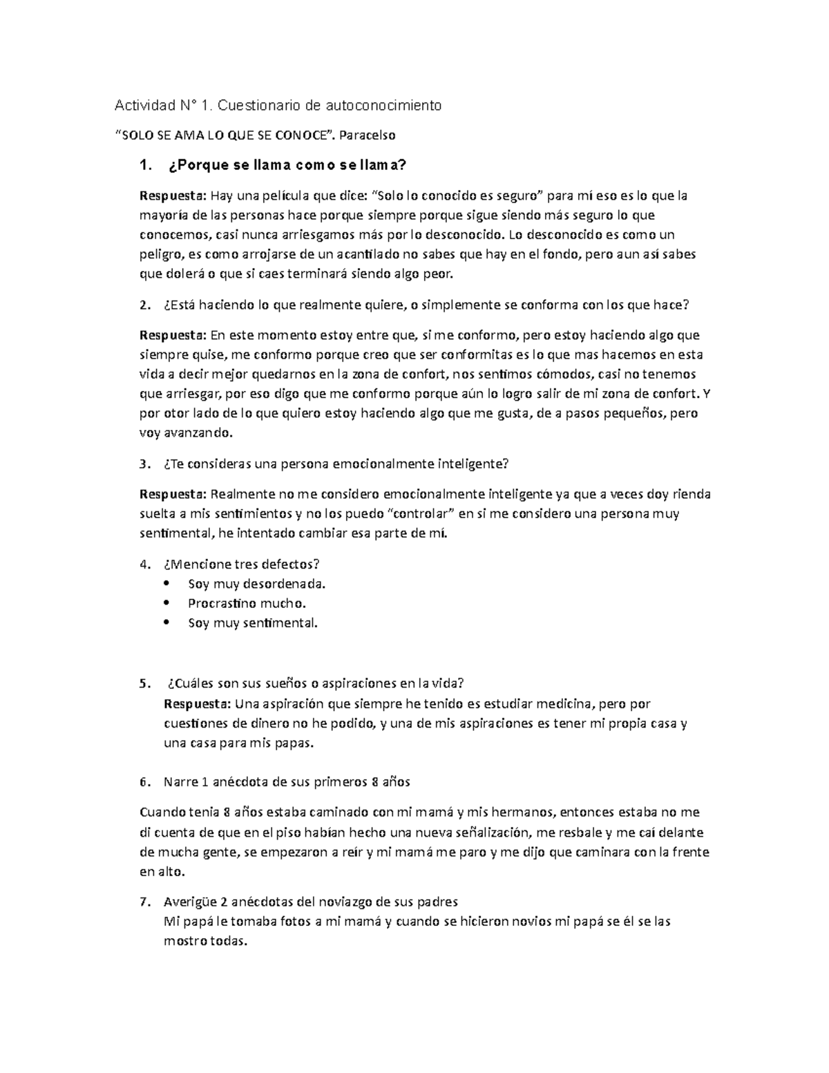 Actividad 4 - Guia de autoconocimiento - Actividad N° 1. Cuestionario ...