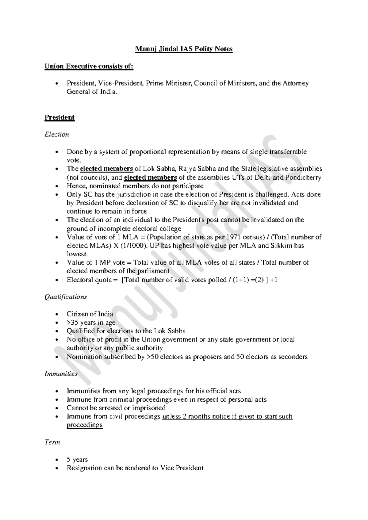 Manuj Jindal IAS Polity Notes - President Election • Done by a system ...