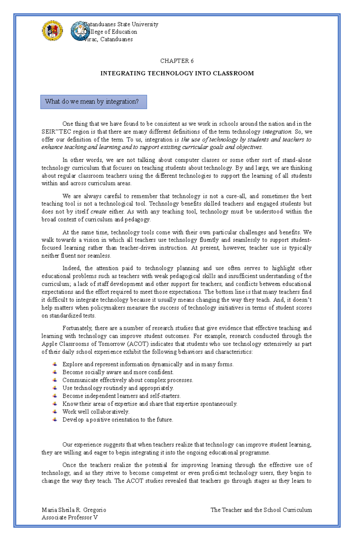 Educ-205 Chapter 6 - College of Education Virac, Catanduanes CHAPTER 6 ...