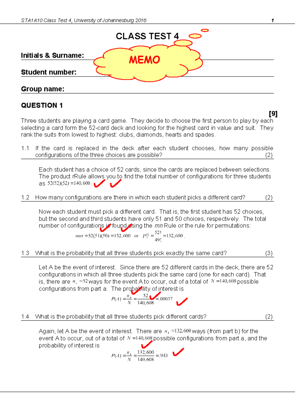 Class TEST 4 2016 Memo - ctest - STA1A10 Class Test 4, University of ...