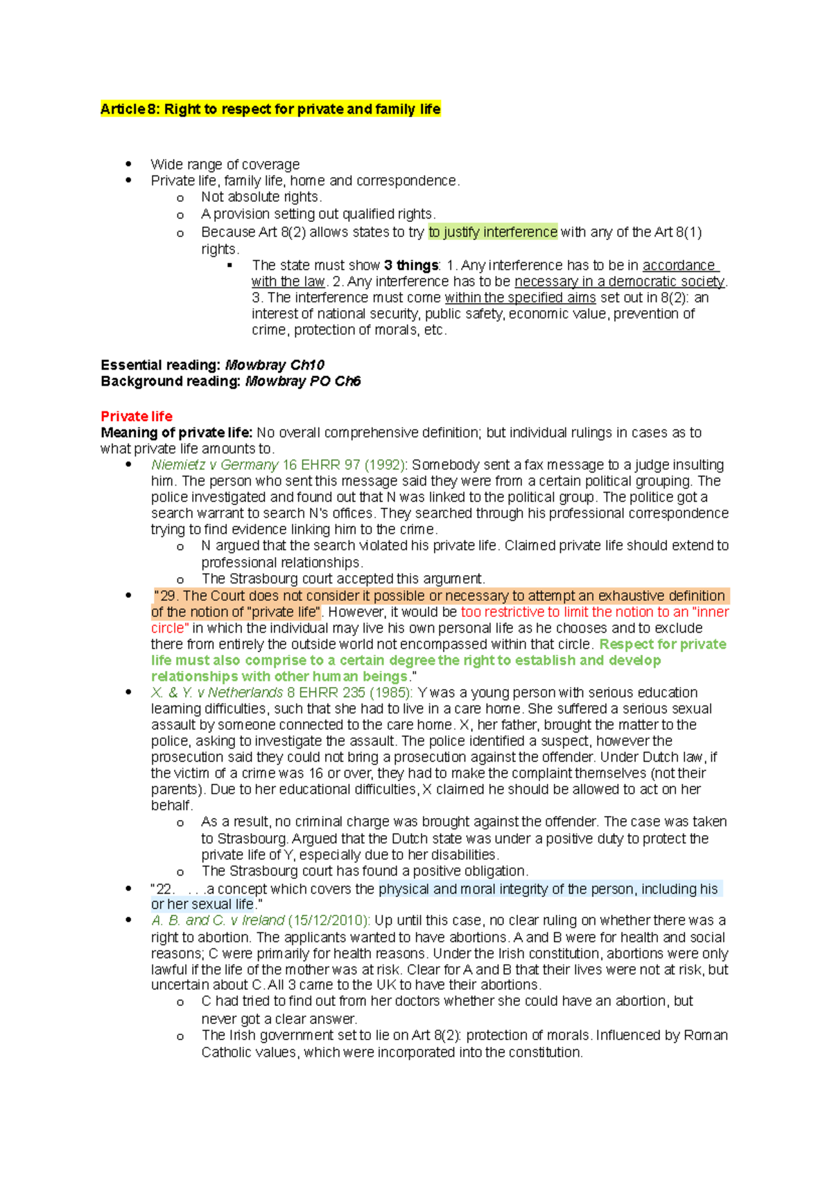 Article 8: Right to privacy Lecture Notes - Article 8: Right to respect ...