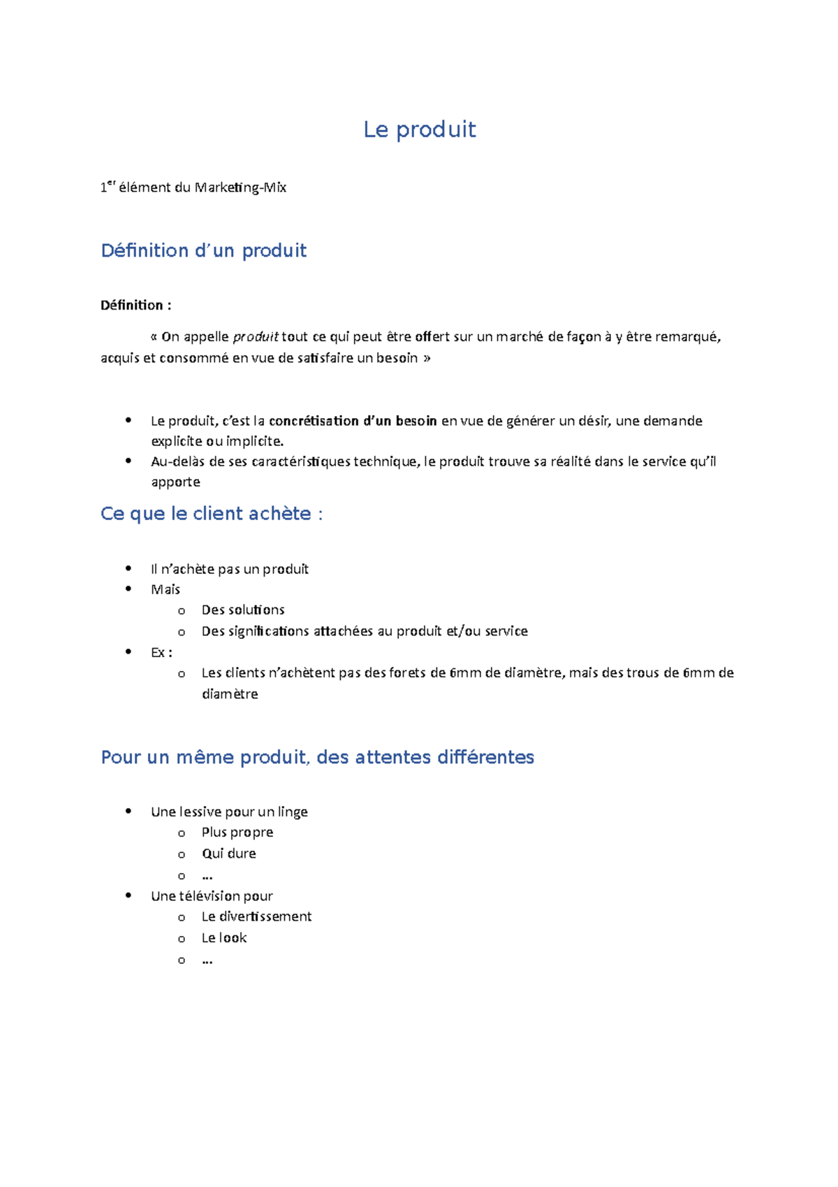 Le produit - Notes de cours 4 - Le produit 1 er élément du Marketing ...