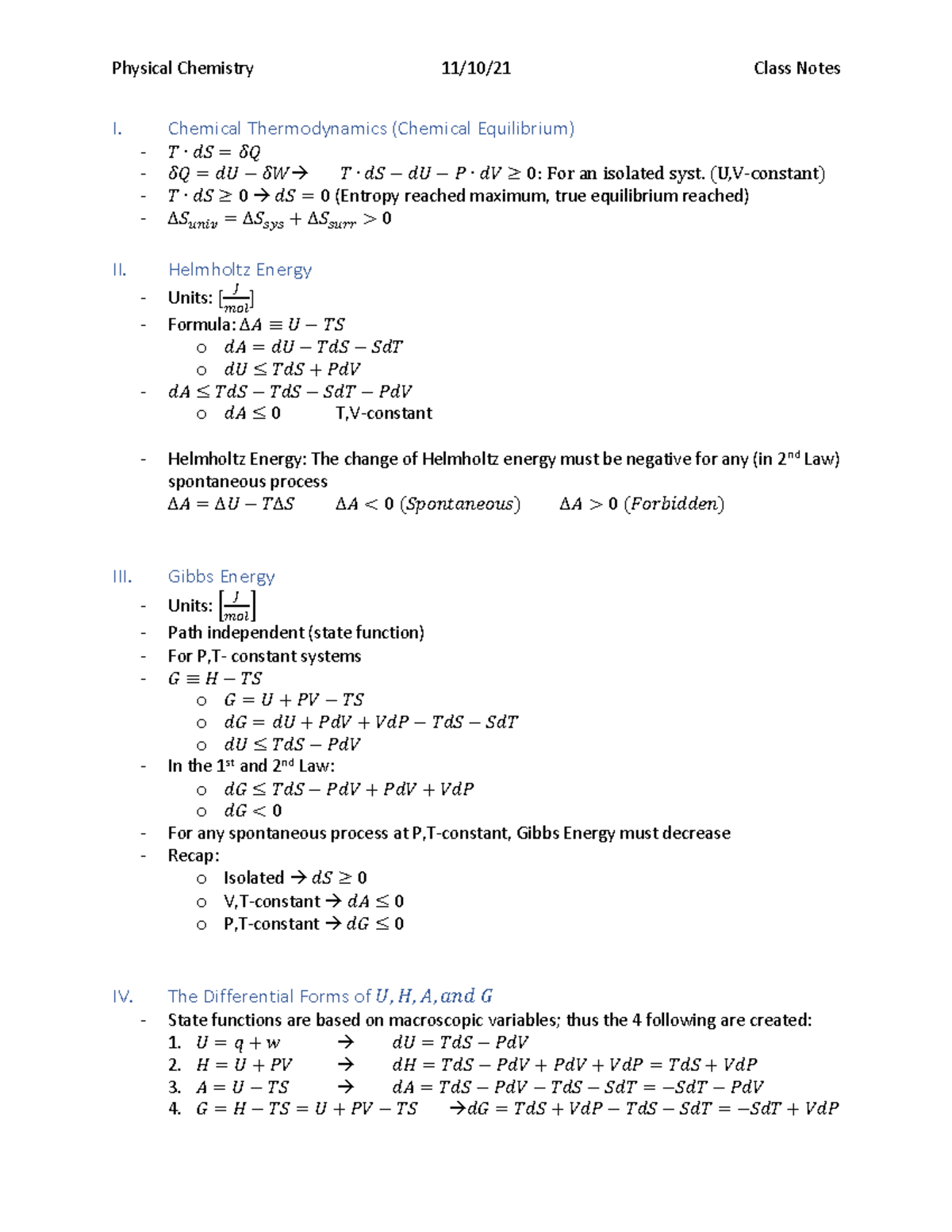 Phys Chem Notes 6 - Physical Chemistry 11/10/21 Class Notes I. Chemical ...