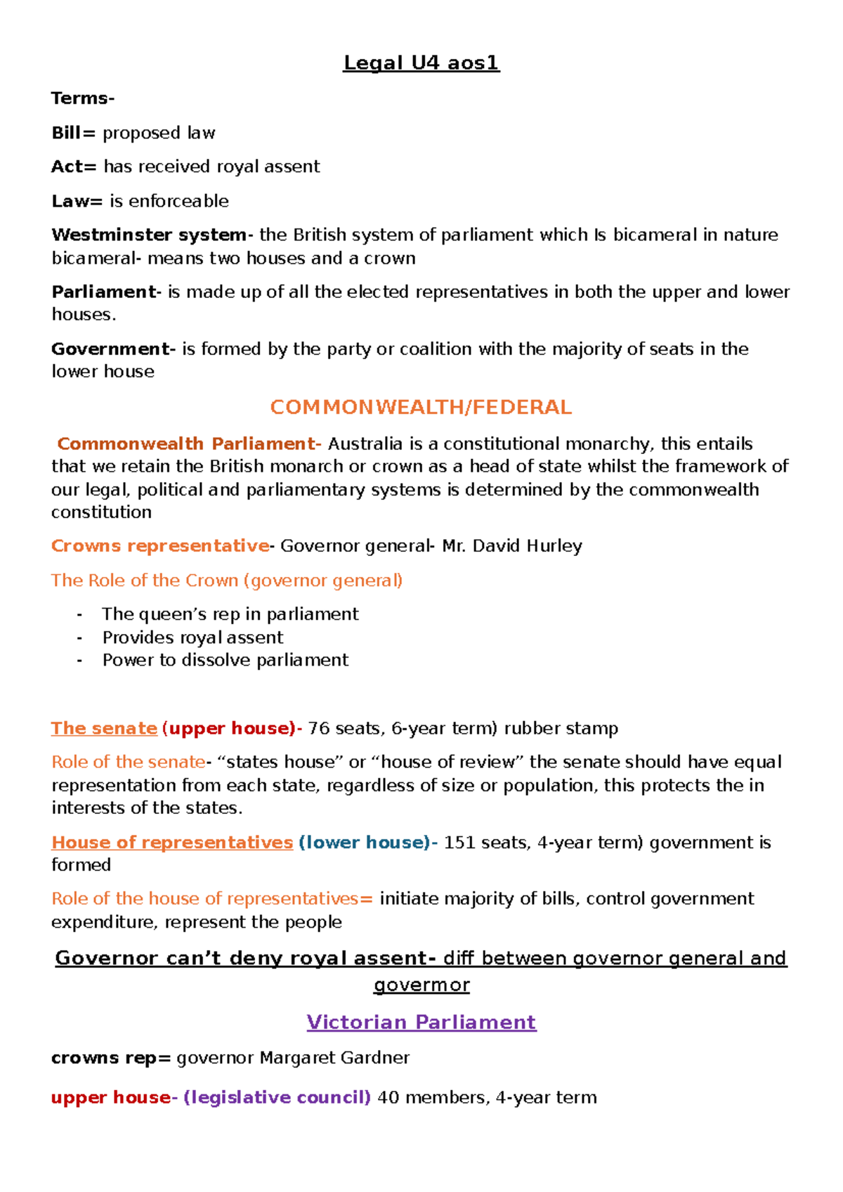 Legal U4 aos1 notes - Legal U4 aos Terms- Bill= proposed law Act= has ...