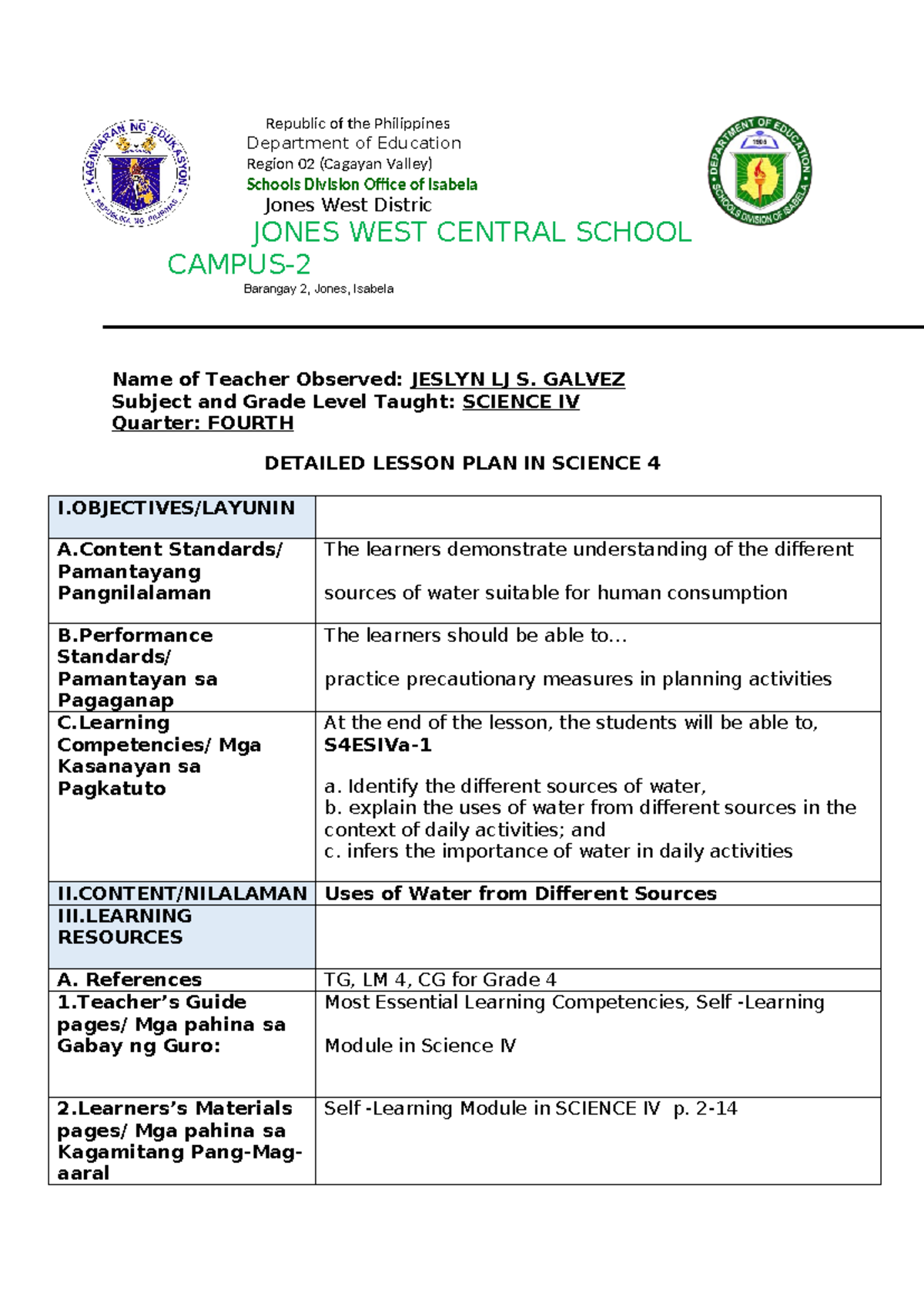 Uses of Water - Lesson Plan - Republic of the Philippines Department of ...